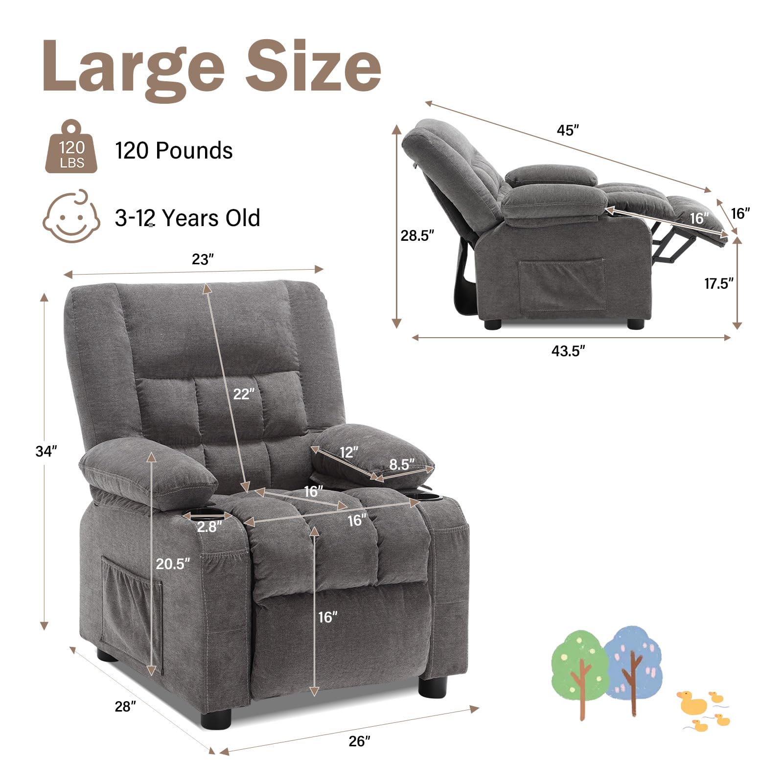 BOSMILLER Kids Recliner Chair, Push Back Toddler Recliner with Cup Holders & Side Pockets, Adjustable Footrest & Headrest Kids Sofa for Boys Girls 3+ Age Group (Deep Grey)