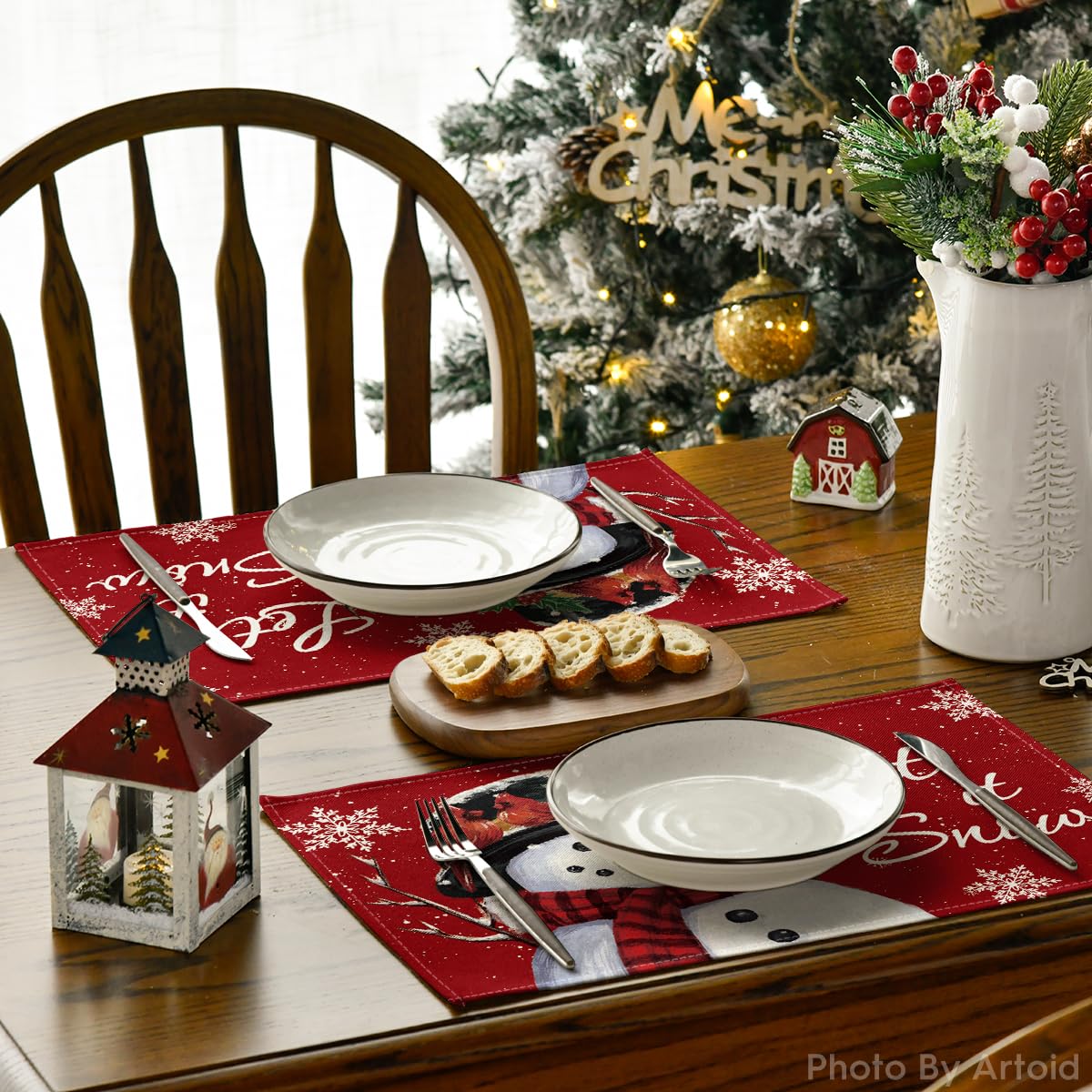 Artoid Mode Red Snowman Let It Snow Winter Placemats Set of 8, 12x18 Inch Seasonal Christmas Holiday Table Mats for Party Kitchen Dining Decoration