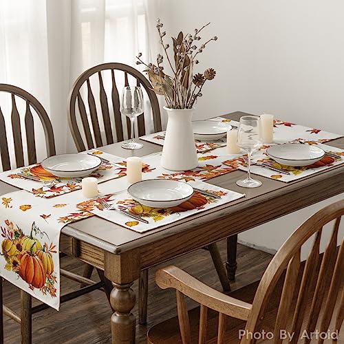 Artoid Mode Pumpkins Maple Leaves Fall Placemats Set of 4, 12x18 Inch Seasonal Autumn Thanksgiving Table Mats for Party Kitchen Dining Decoration