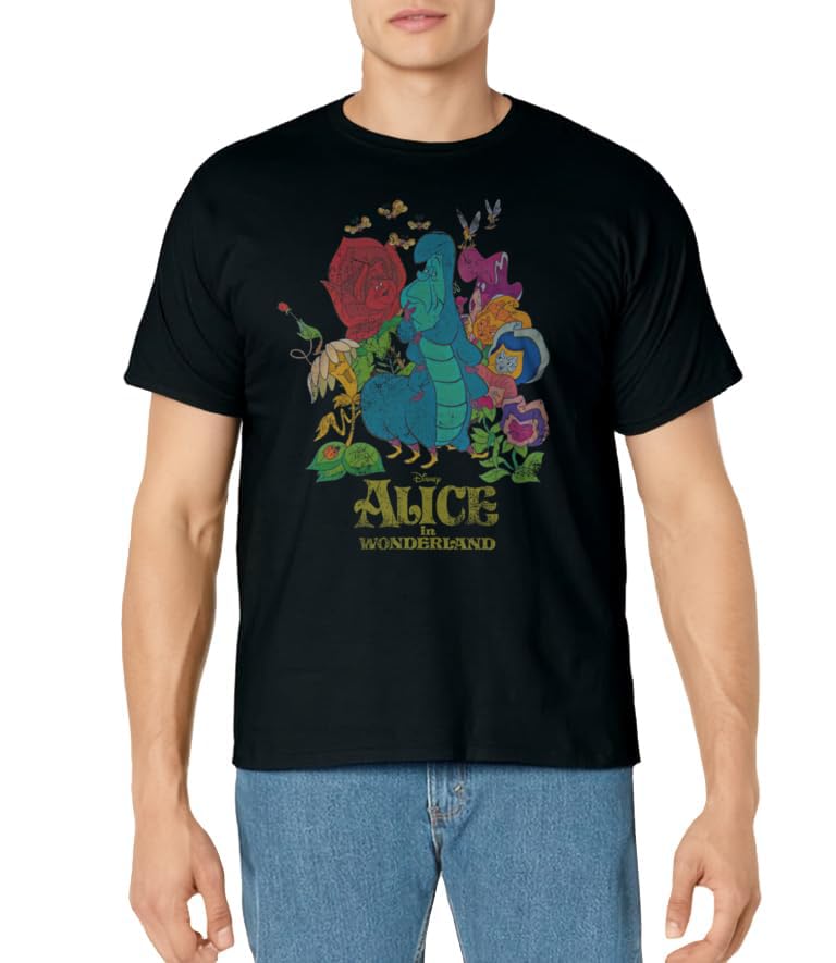 Alice in Wonderland Caterpillar and Living Flowers Retro T-Shirt