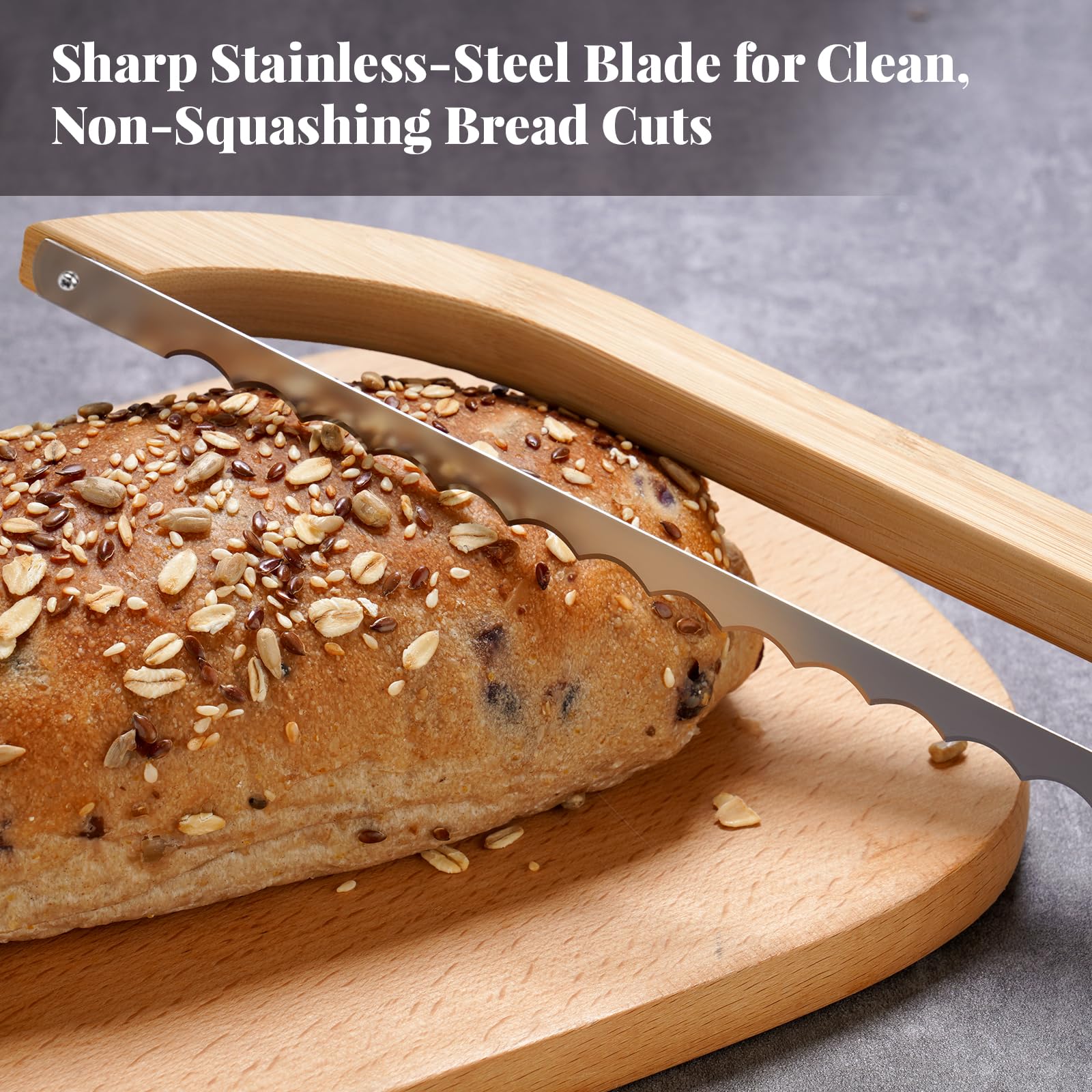 NiHome 15.7" Wooden Bread Bow Knife for Bread, Bagels, Fruits, Ergonomic Bamboo Handle Adjustable for Left or Right-Hand Use, Sharp Stainless-Steel Blade for Precision Slicing, Easy Storage Loop