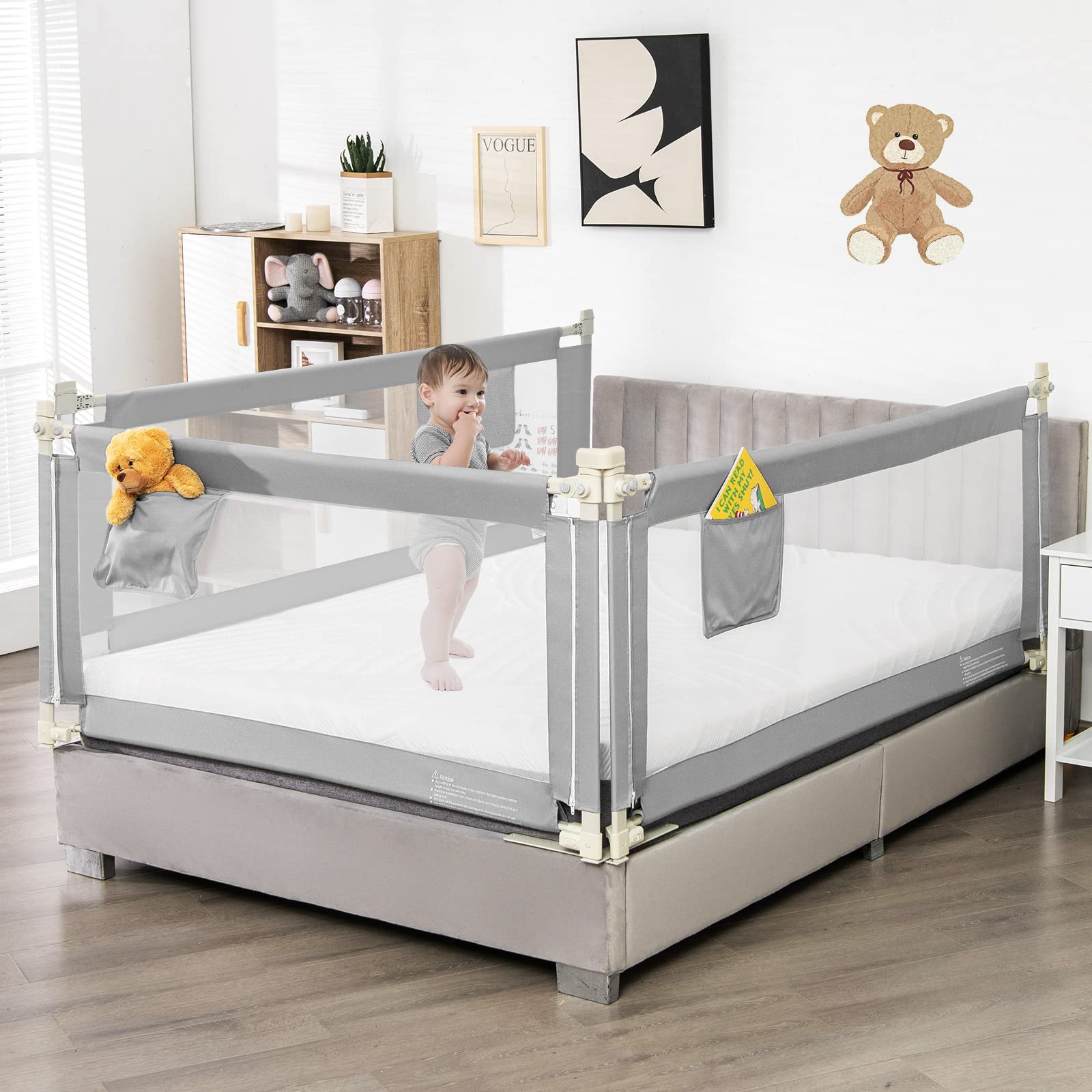 BABY JOY Bed Rail for Toddlers, 57ββ Extra Long, Height Adjustable & Foldable Baby Bed Rail Guard w/Storage Pocket & Double Safety Child Lock for Kids Twin Double Full Size Queen King Mattress (Gray)