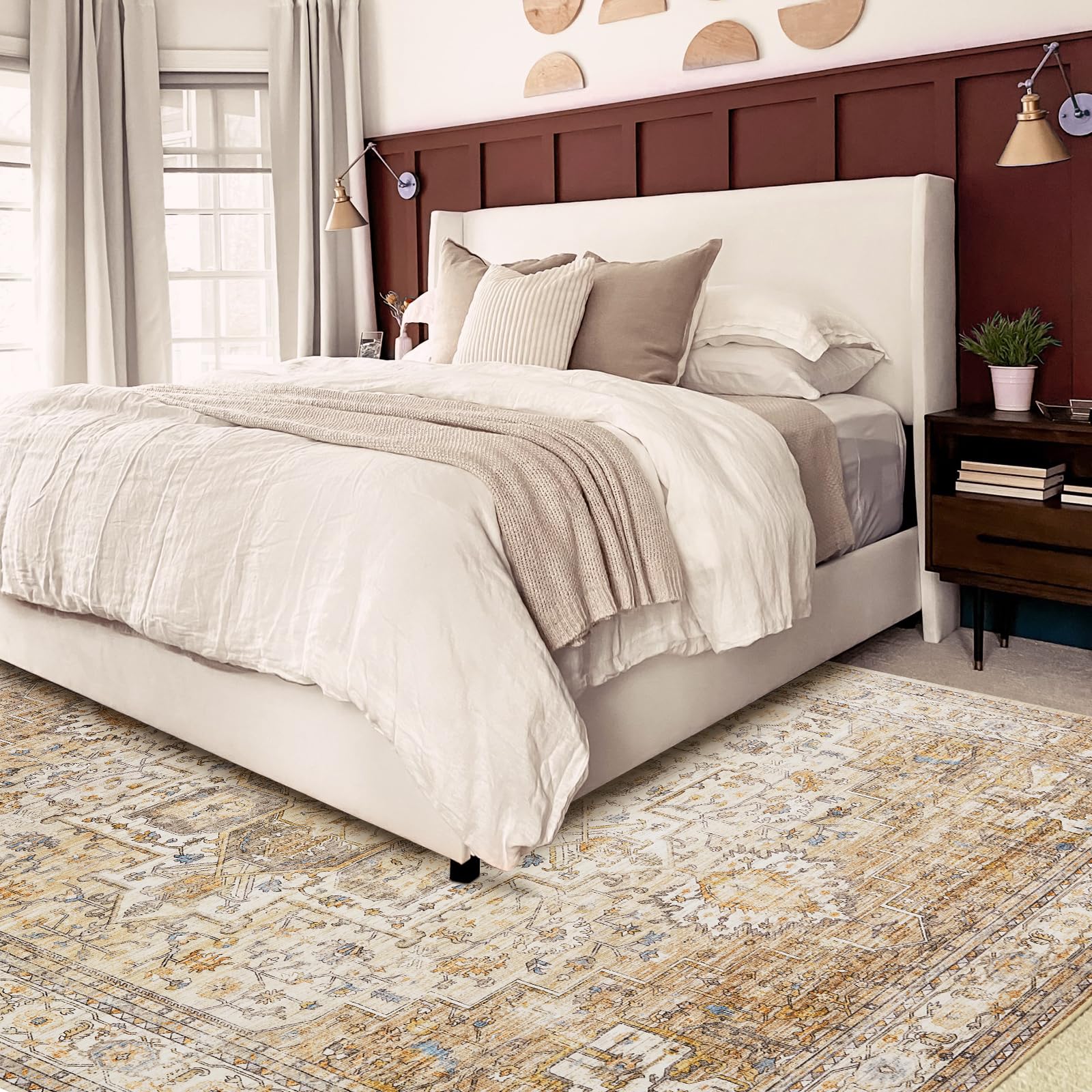Area Rug 9x12 Living Room: Soft Large Washable Rugs with Non-Slip Rubber Backing Stain Resistant Modern Indoor Boho Vintage Carpet for Bedroom Dining Nursery Room Home Office (Beige/Brown)