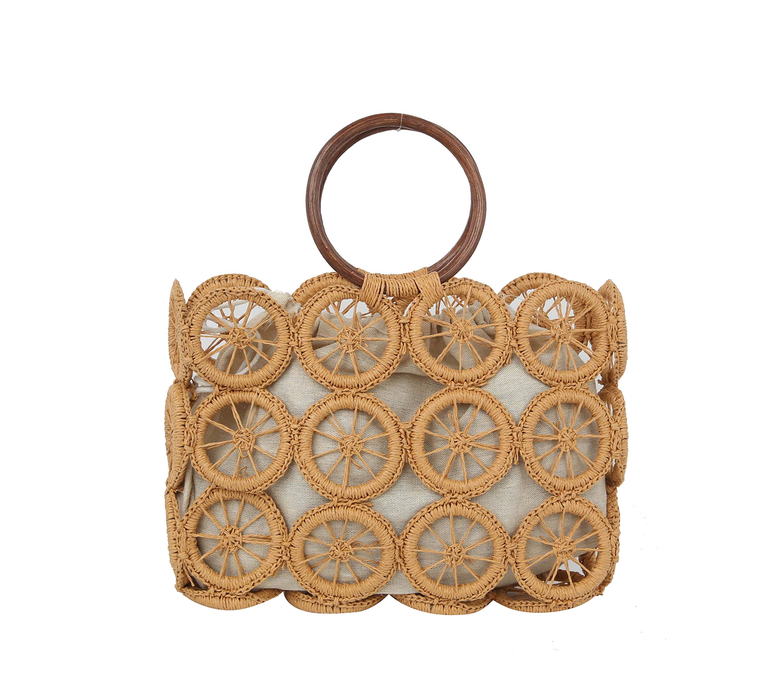 Ladies mesh woven handbag; new beach handbag; inner liner can be taken out-Tan