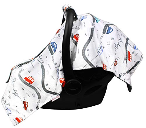 Baby Car Seat Canopy Cover - Road Trip with Grey Minky Dot