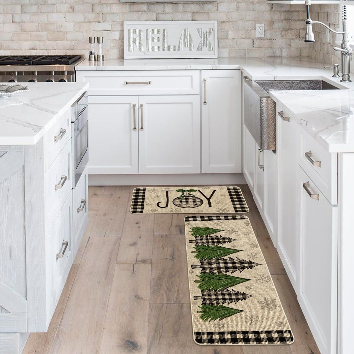 Artoid Mode Buffalo Plaid Xmas Trees Joy Christmas Kitchen Mats Set of 2, Winter Home Decor Low-Profile Kitchen Rugs for Floor - 17x29 and 17x47 Inch