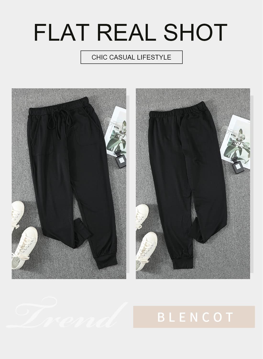 BLENCOT Women's Casual Drawstring Elastic Waist Joggers Pants Solid Color Sports Lounge Trousers with Pockets Black M