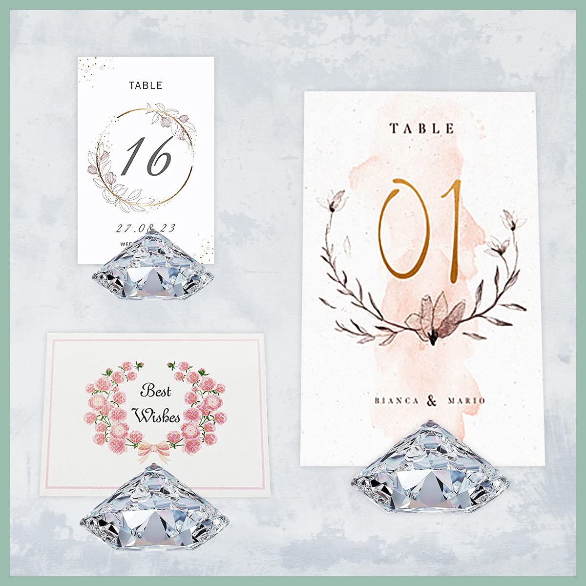EDEVOLUTION 12 Pack Diamond Place Card Holders Stands, Sturdy Acrylic Table Numbers Card Holder, Crystal Harp-Clip Place Name Photo Card Holders for Party Wedding Table Decorations
