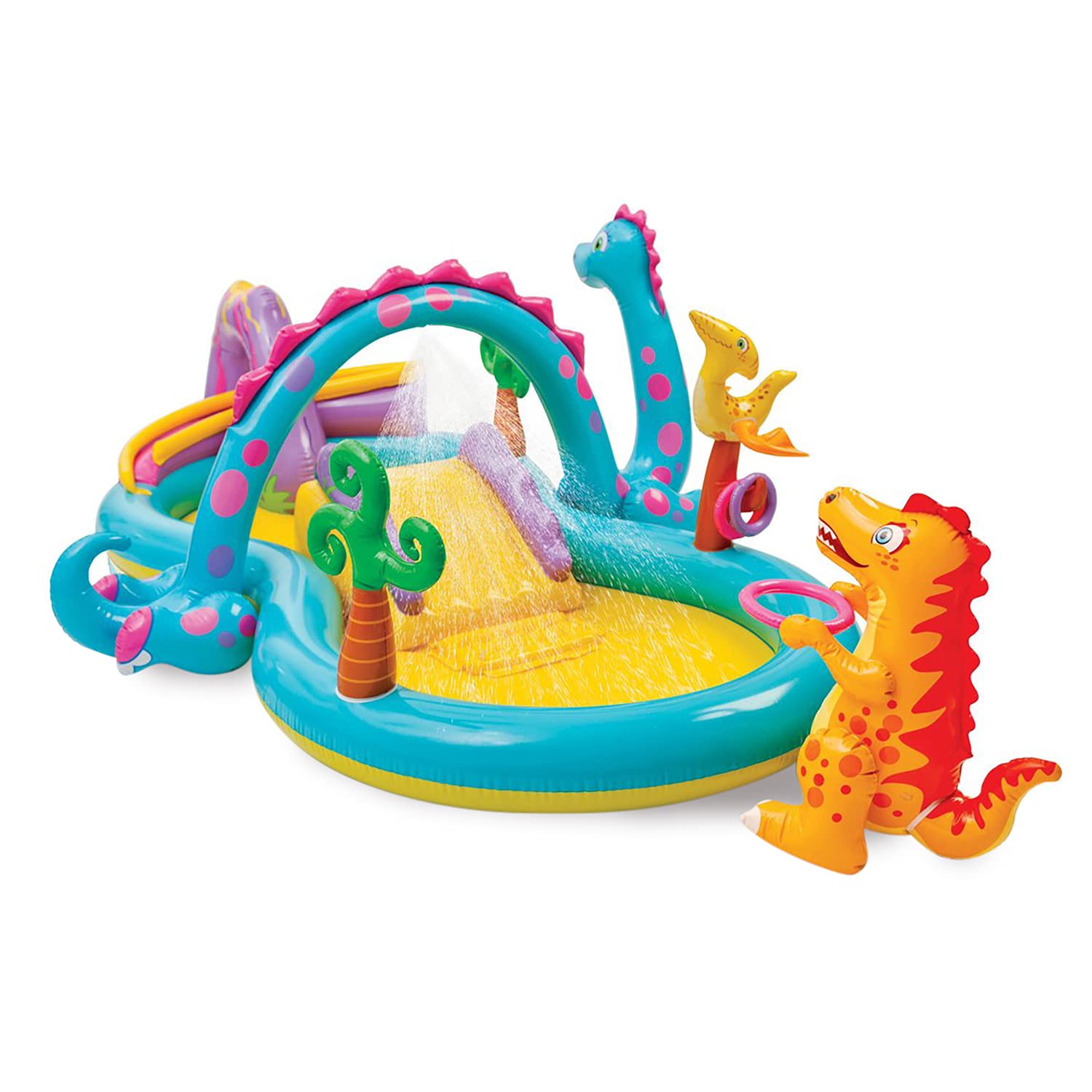Intex Dinoland Play Center Kiddie Inflatable Pool and Dinosaur Water Splash Swimming Pool with Water Sprayers, Waterfalls, Slides, and Games