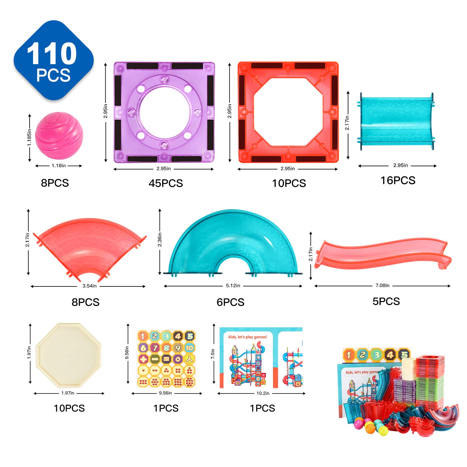 FUNTECH Magnetic Tiles, Magnetic Pipe Blocks, Marble Run STEM Building Set, 110Piece, GIft for Children Boys and Girls