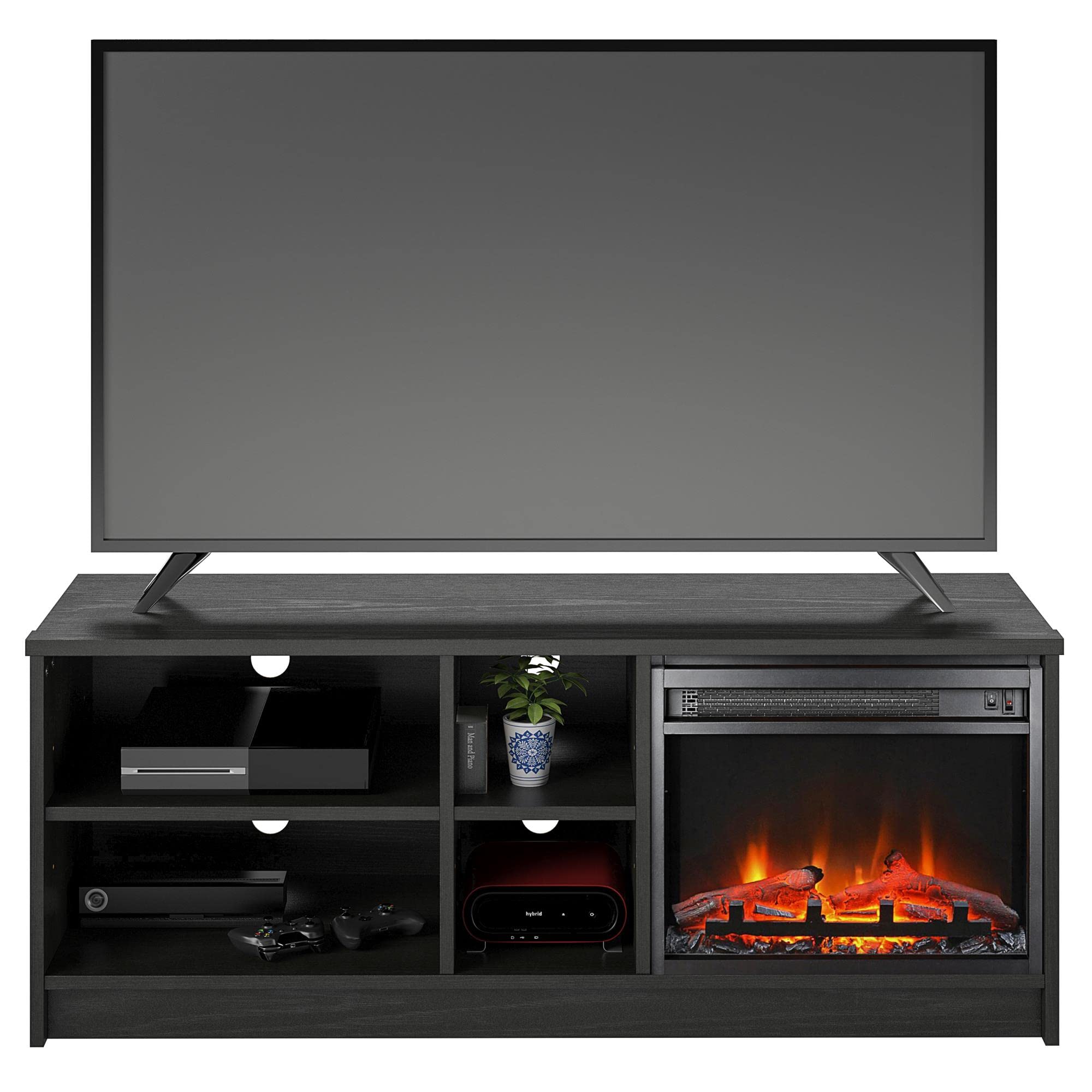 Ameriwood Home Noble TV Stand with Electric Fireplace Insert and 4 Shelves, 65”, Black Oak