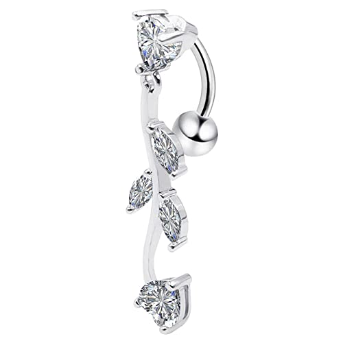 Arardo Sterling Silver Top Down Reverse Belly Button Rings, Real 925 Sterling Silver Belly Rings, 14G Reverse Belly Button Ring, Sterling Silver Navel Piercing Rings, Dangle Leaves, 10mm, SS50-1