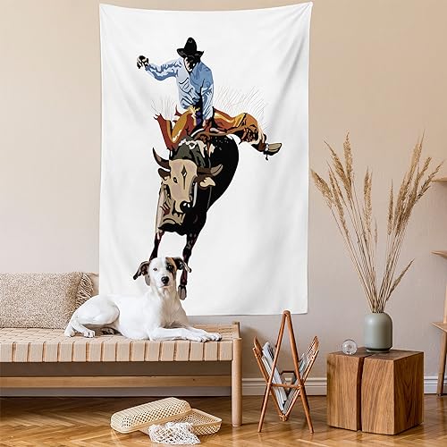 Ambesonne Rodeo Tapestry Twin Size, Yea Haw Cowboy Bucking Bull Western Sports American Graphic, Wall Hanging Bedspread Bed Cover Wall Decor, Twin Size, Rust Beige