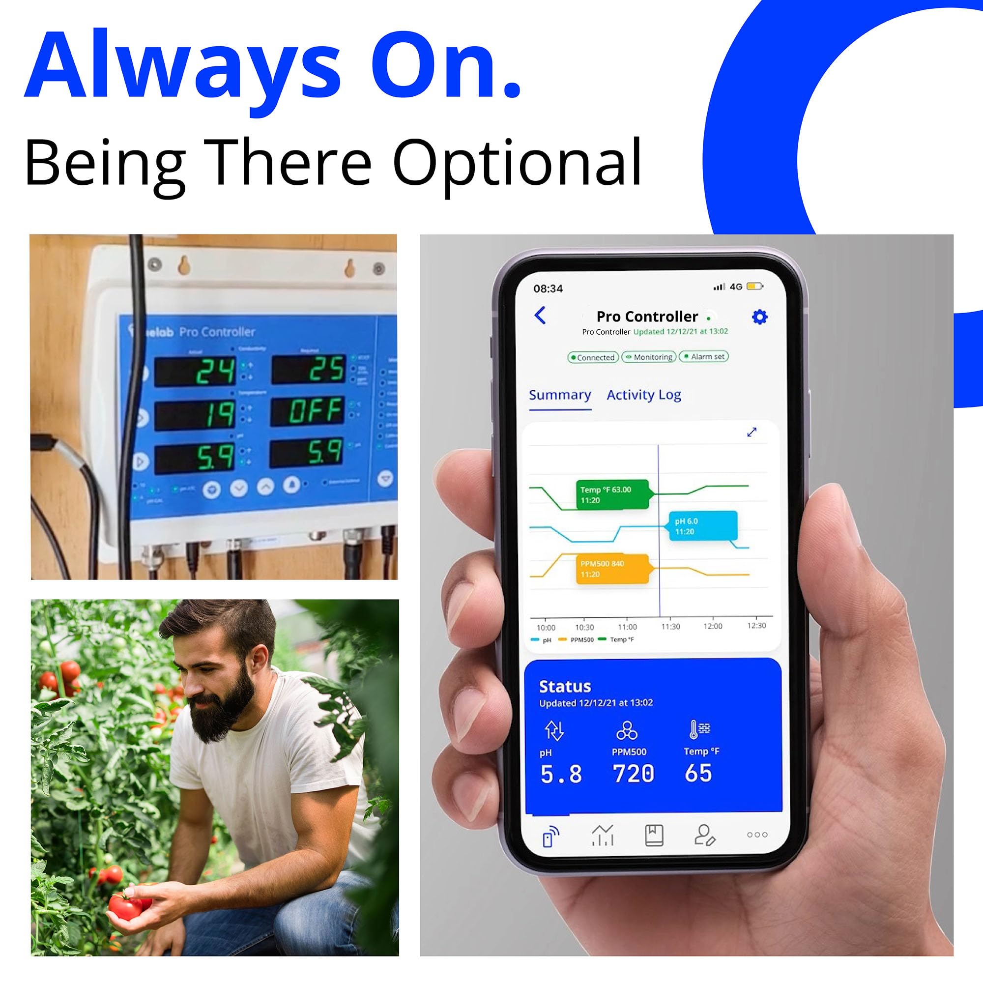 Bluelab Pro Controller Wi-Fi Fully Automated 24/7 Digital Monitor for Hydroponics Multi-Nutrient & pH Dosing with EC Temperature Probe and Edenic Remote Monitoring Essential for Agriculture