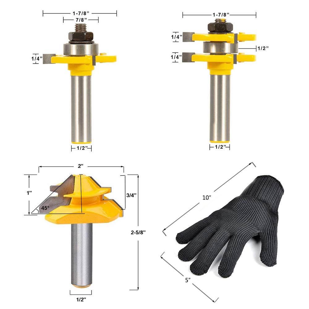 AxPower Tongue and Groove Router Bit Tool Set 1/2 Inch Shank with 45°Lock Miter Bit 1/2 Inch Shank T Shape Milling Cutter for Doors Tables Shelves DIY Woodworking and More