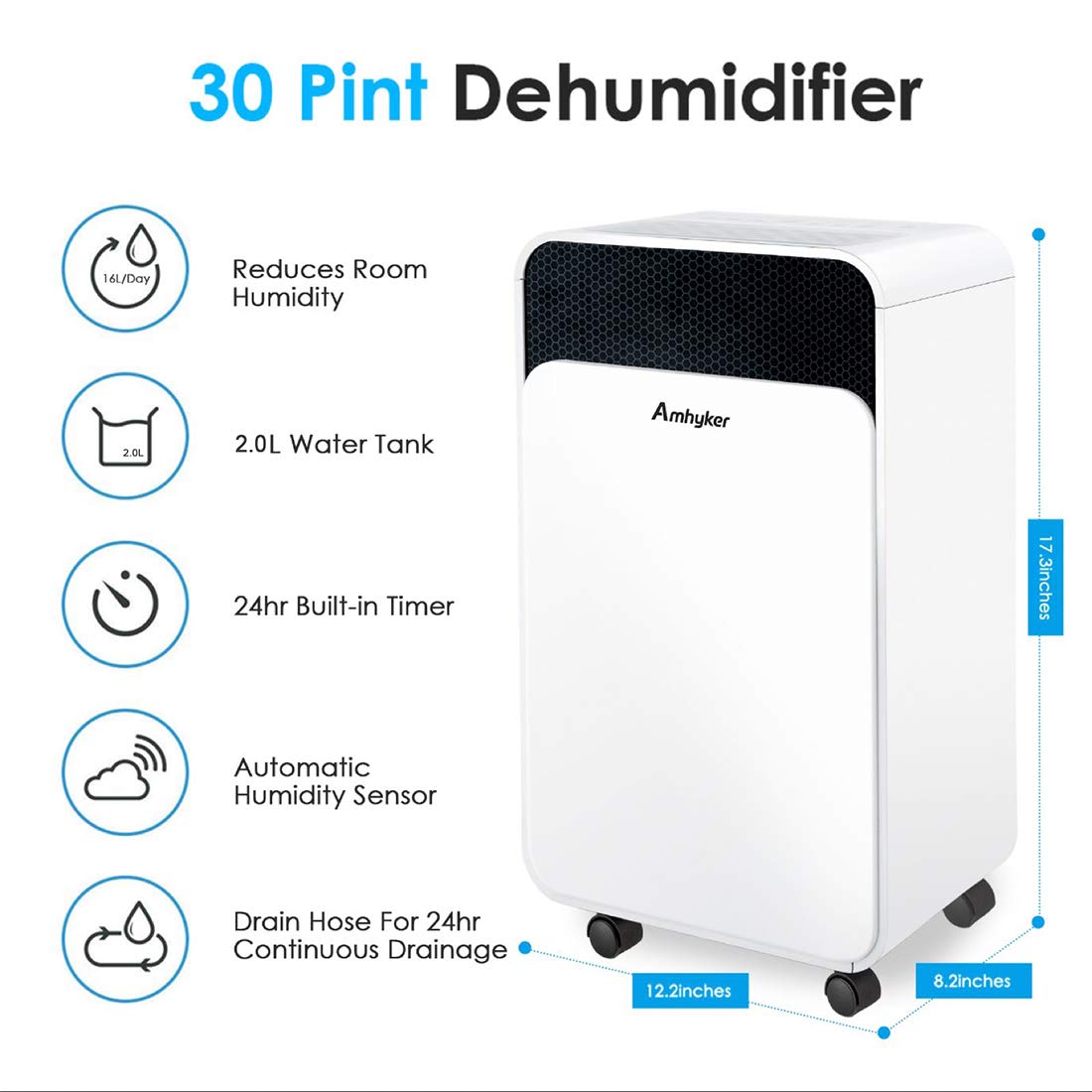 Amhyker 30pint Dehumidifiers for Home Basements, Bedroom, Kitchen, Bathroom,4 Gallons/Day Intelligent Humidity Control for Space Up to 1000 Sq Ft
