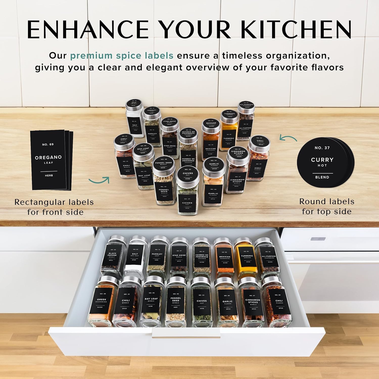 EDELHAUS Glass Spice Jars with Label and Stainless Steel Lids (24 x 4oz) Spice Containers with 240 Labels, Shaker Inserts, Steel Funnel, Empty Square Empty (Stainless steel Lid)