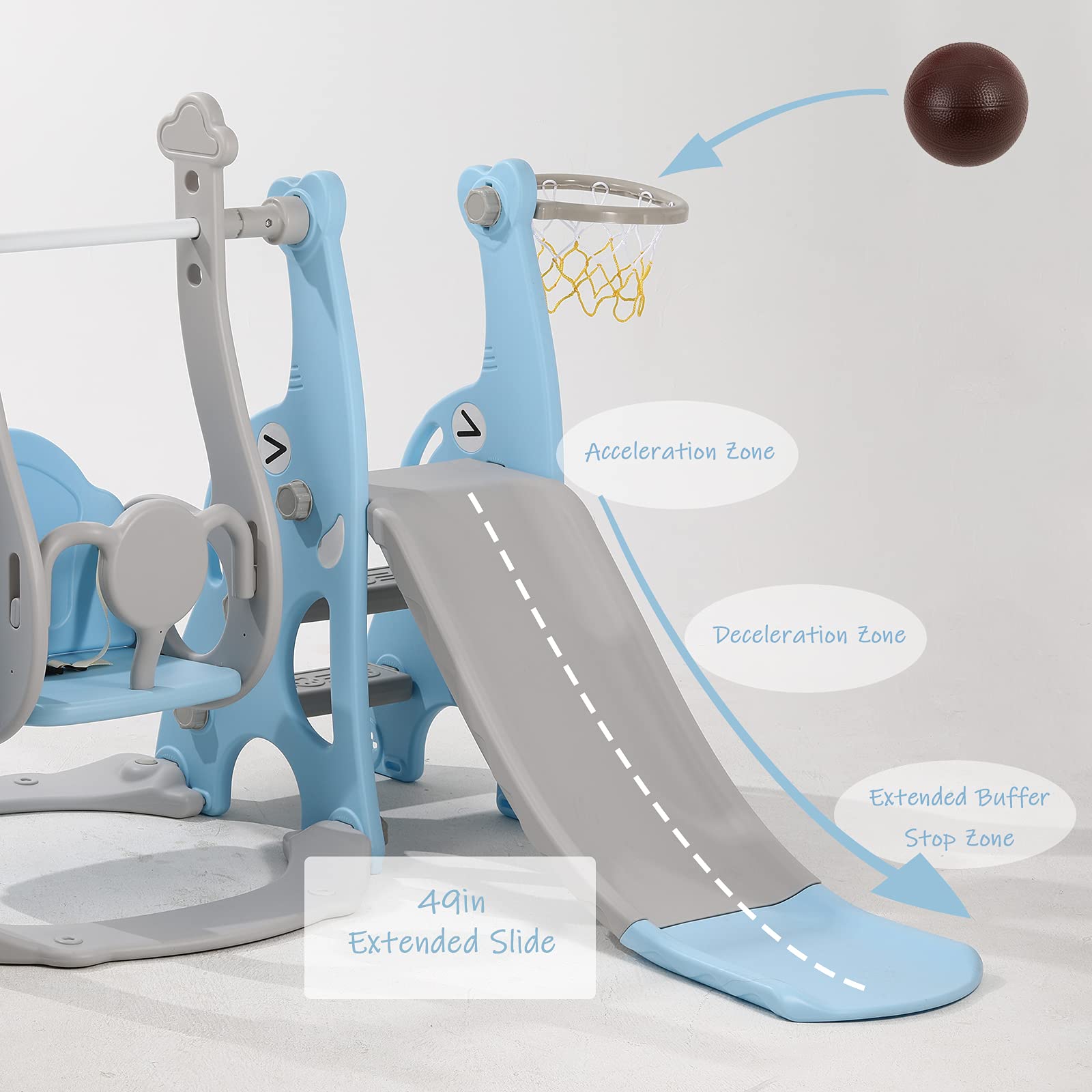 LANGYI Children's Four in One Slide Swing,with Basketball Frame and Ball Extra Long Slide,Children's That Can Be Installed at Will Indoor Outdoor Garden (Blue)