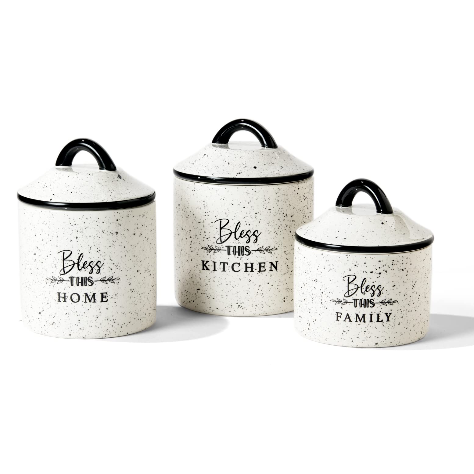 American Atelier Canister Set 3-Piece Ceramic Jars in Small, Medium, Large with Airtight Lids for Cookies, Candy, Coffee, Flour, Sugar, Rice, Pasta, Cereal & More (Bless This Kitchen, Home & Family)