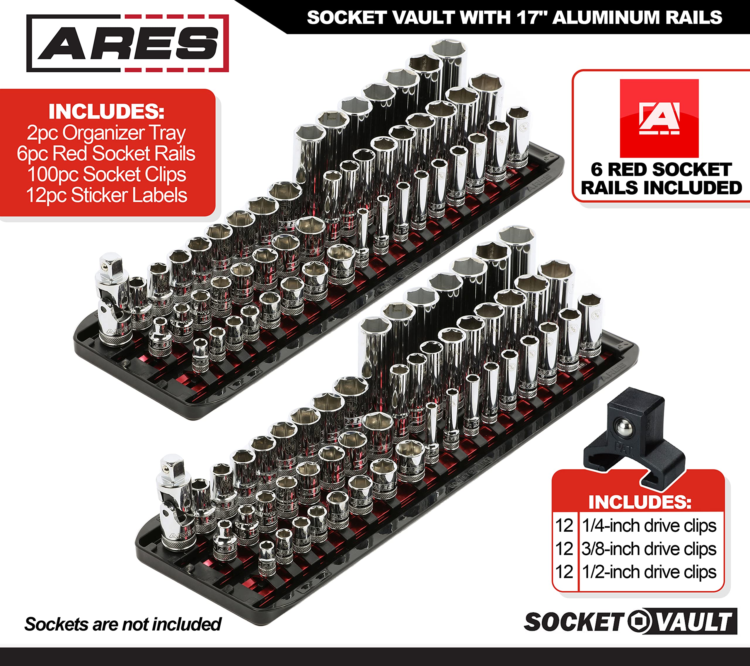 ARES 60145 - SOCKET VAULT™ 3-Piece 17-Inch Black Socket Rail Set with Organizer Tray – Reinforced Plastic Tray Holds 3 Aluminum Rails Locked in Place – 50 1/4-Inch, 3/8-Inch, and 1/2-Inch Drive Clips