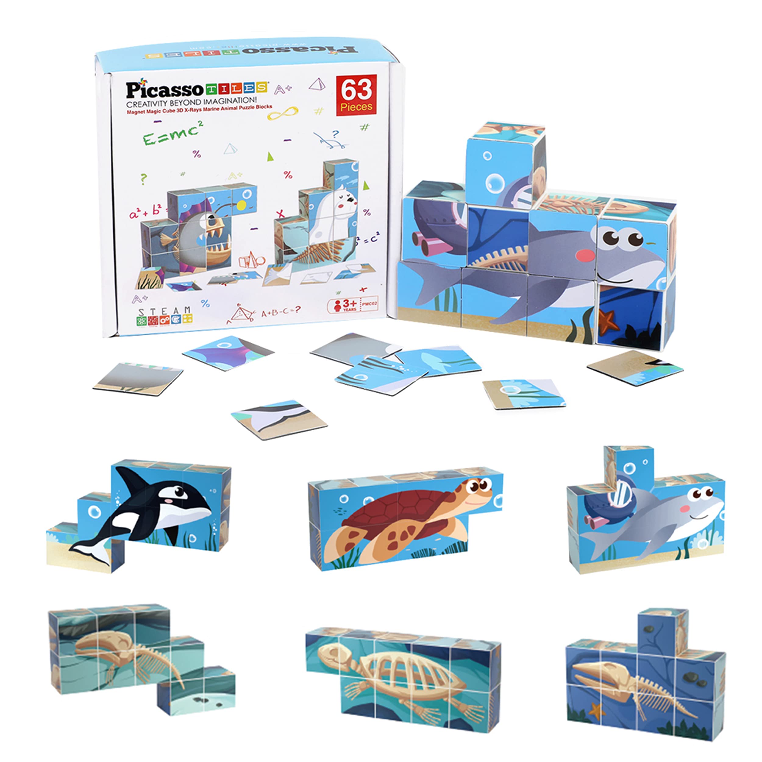 PicassoTiles 1β Magnetic Puzzle Cubes for Kids, 3D Sea Ocean Animal 63pcs Exploration Blocks, Kids Focus Learning & Stacking Toys, STEM Educational Preschool Toddler Classroom Activity, Boys Girls