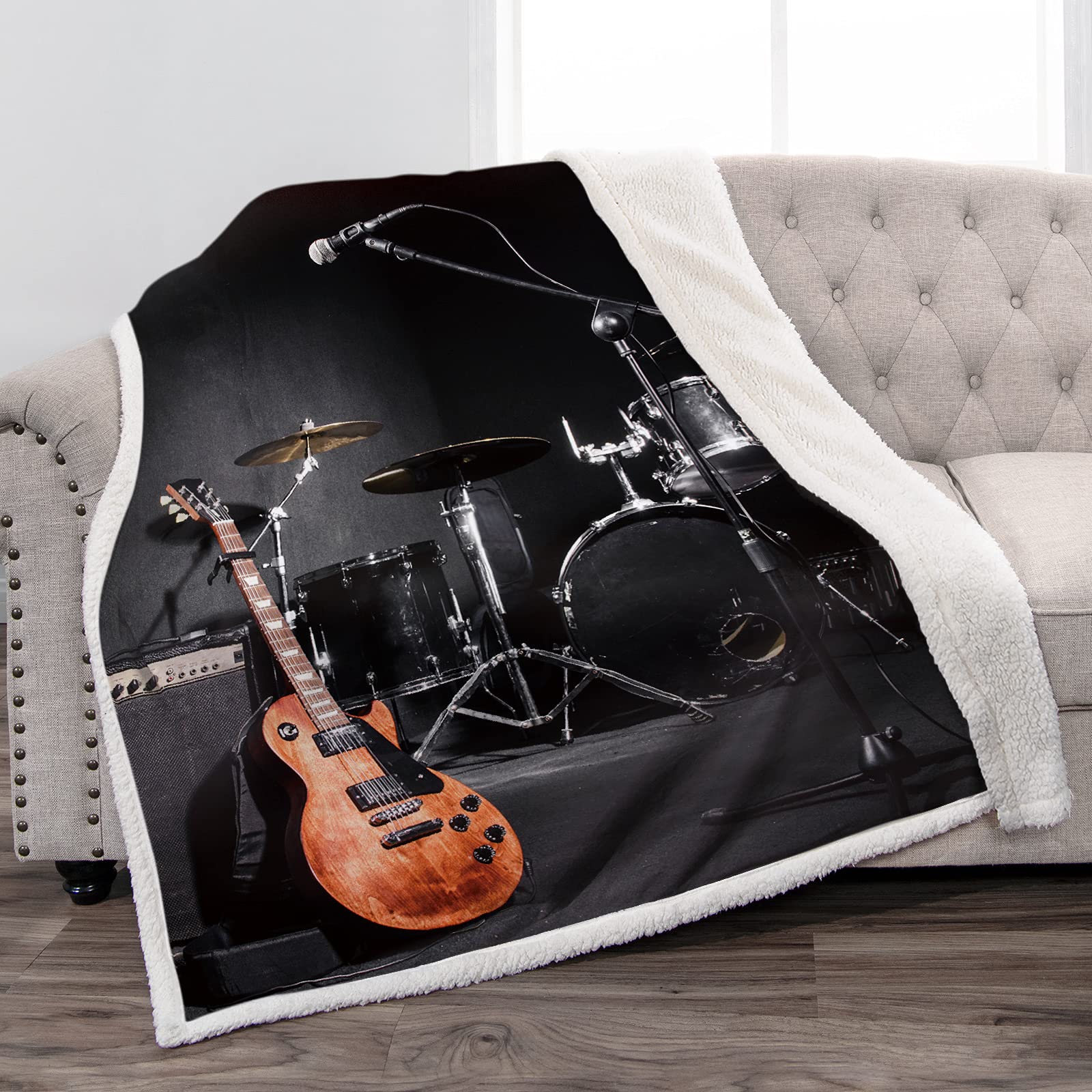 Jekeno Guitar Drum Kit Sherpa Blanket Rock Music Themed Warm Cozy Soft Throw Blanket for Music Enthusiast Adults Kids Boys Gift Sofa Bed Living Room Decor 50"x60"
