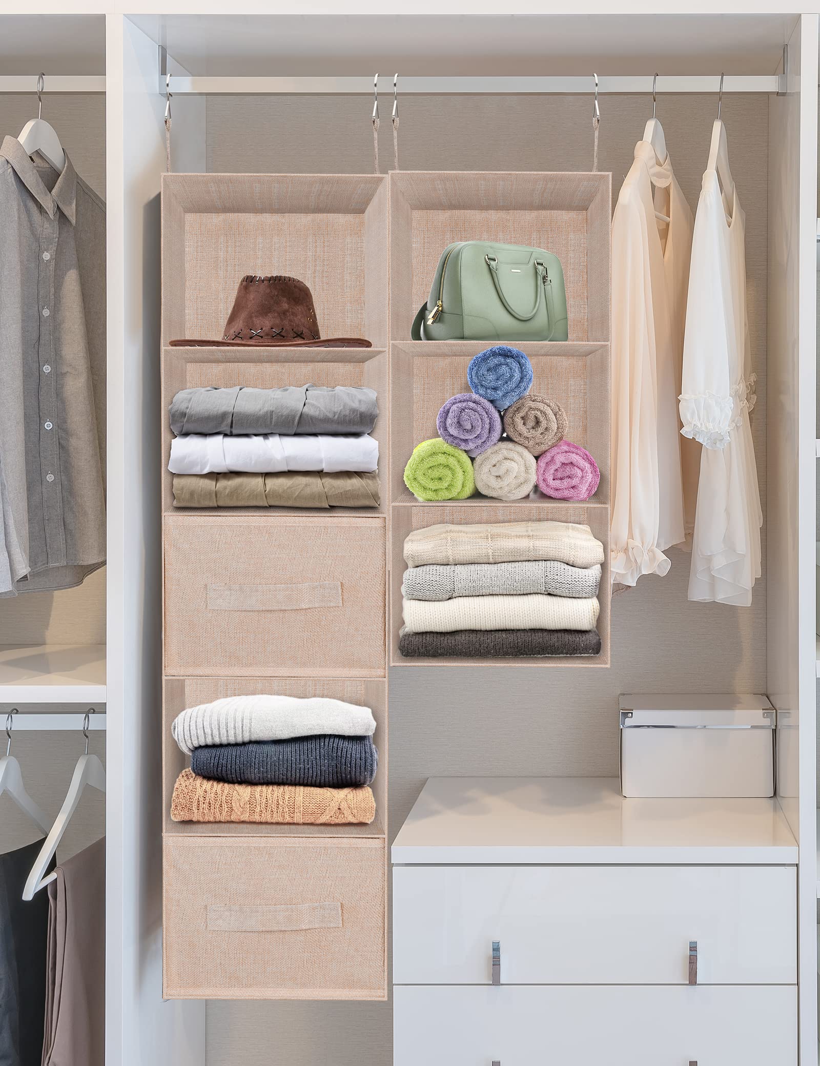 COSIFO 8-Shelf Hanging and Storage with 2 Drawers, 3-Shelf and 5-Shelf Separable Closet Organizers and Storage, Pink Collapsible Hanging Closet Shelves, Baby Nursery Storage Closet Organizer