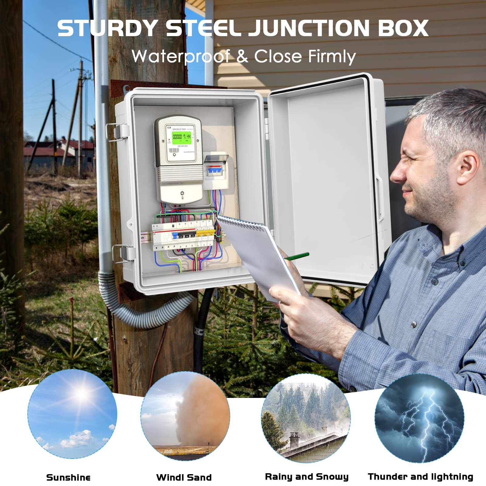 ARTYUIO Electrical Enclosure Box 16.7x11.4x7.4'' Waterproof Electrical Junction Box with Mounting Plate, Hinged Cover,Stainless Steel Latches IP66 Plastic Electrical Junction Boxes