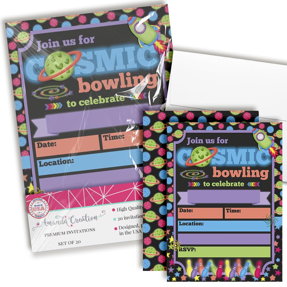 Cosmic Bowling Birthday Party Invitations for Out of This World Glow in the Dark Bowling Parties, 20 5x7 Fill In Cards with Twenty White Envelopes by AmandaCreation