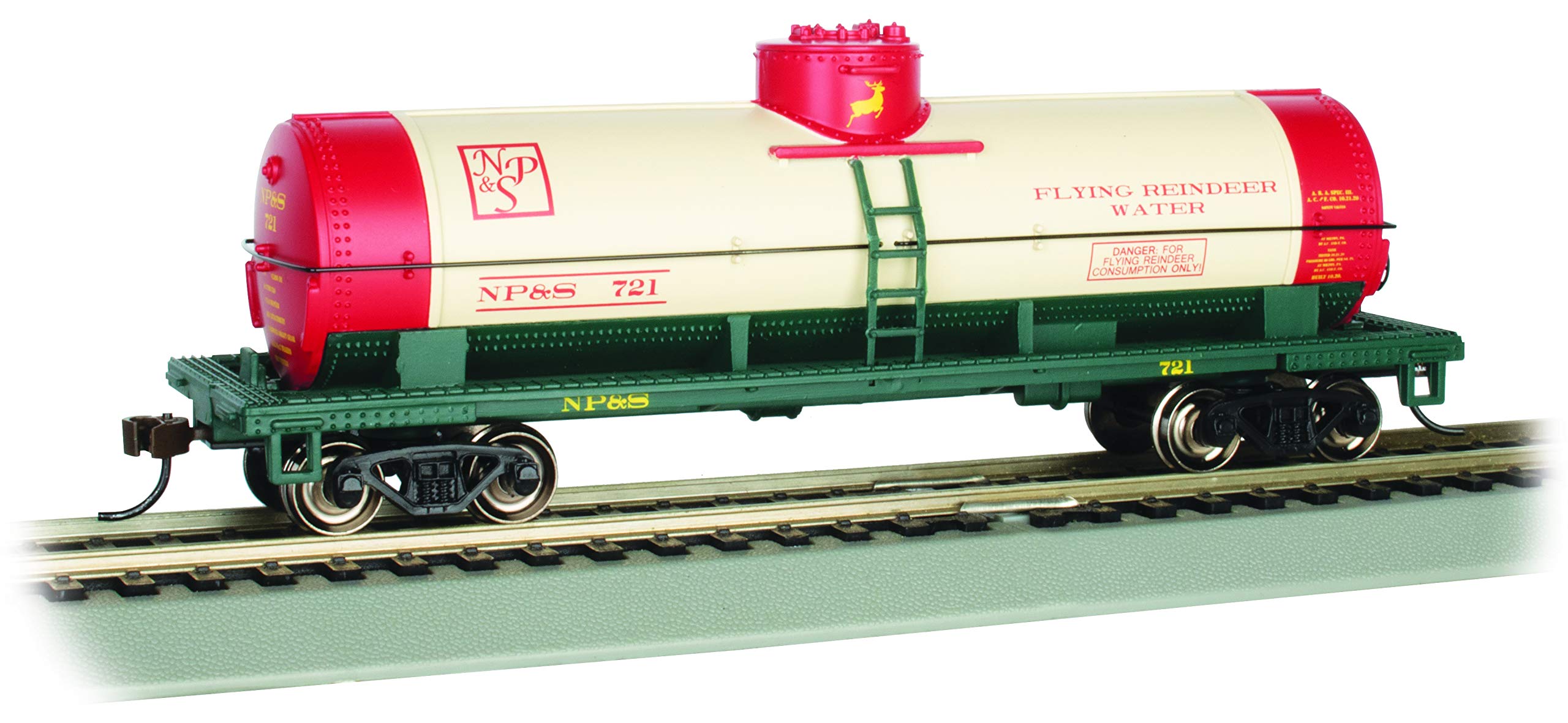 Bachmann Trains - 40' Single-Dome Tank Car - Christmas NP&S® #721 - Flying Reindeer Water - HO Scale, Silver