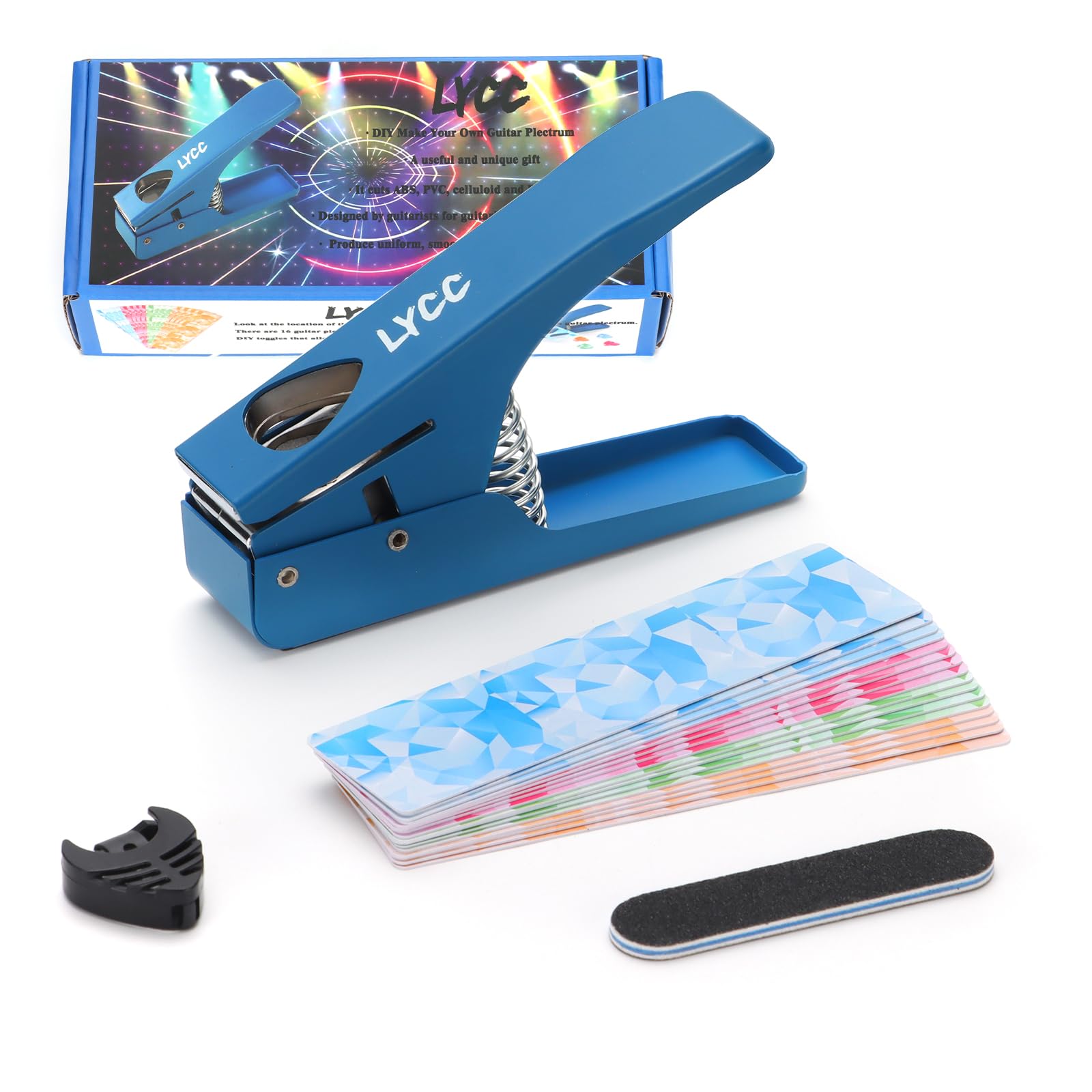 DIY Guitar Pick Punch luxury gift package the,Premium Guitar Pick Maker,16paddle clip Strips and a file for smoothing - blue