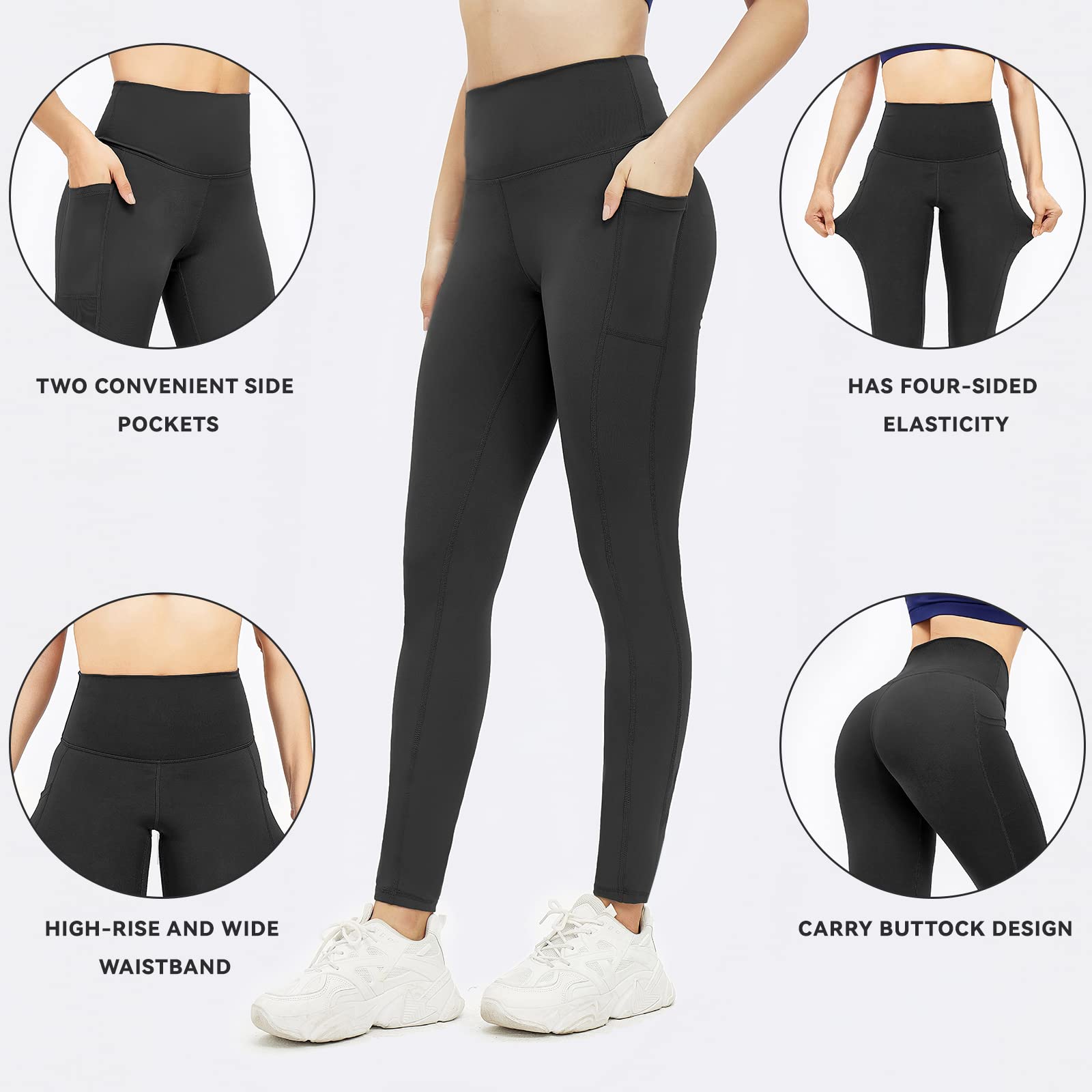 AOR Leggings with Pockets for Women Tummy Control, Yoga Pants for Women Deep Black