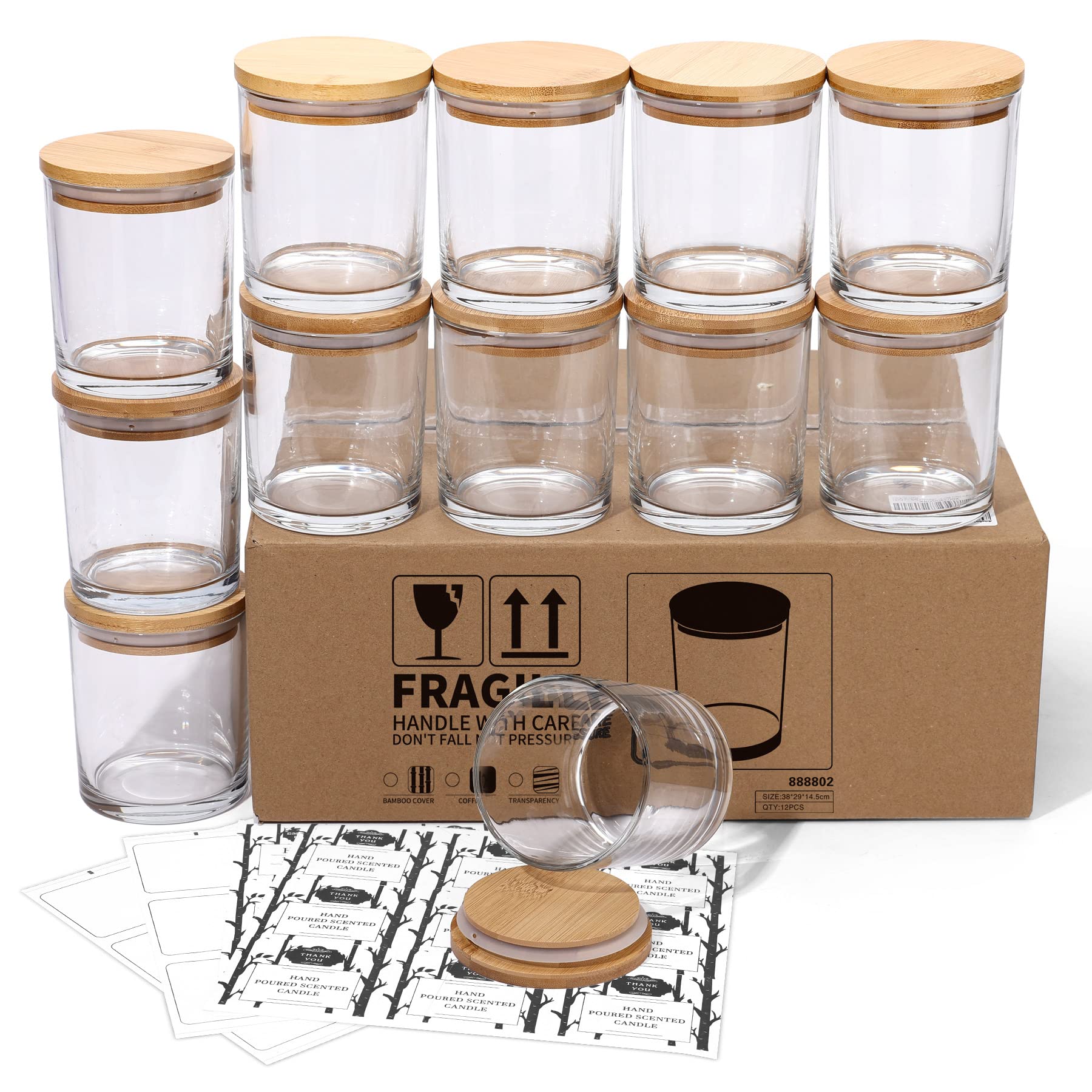 Aminigram 12 Pack, 12 OZ Clear Candle Jars with Bamboo Lids, Empty Glass Candle Jars for Making Candles, Morden Kitchen Bathroom Small Things Container - Bonus 36 Sticky Labels
