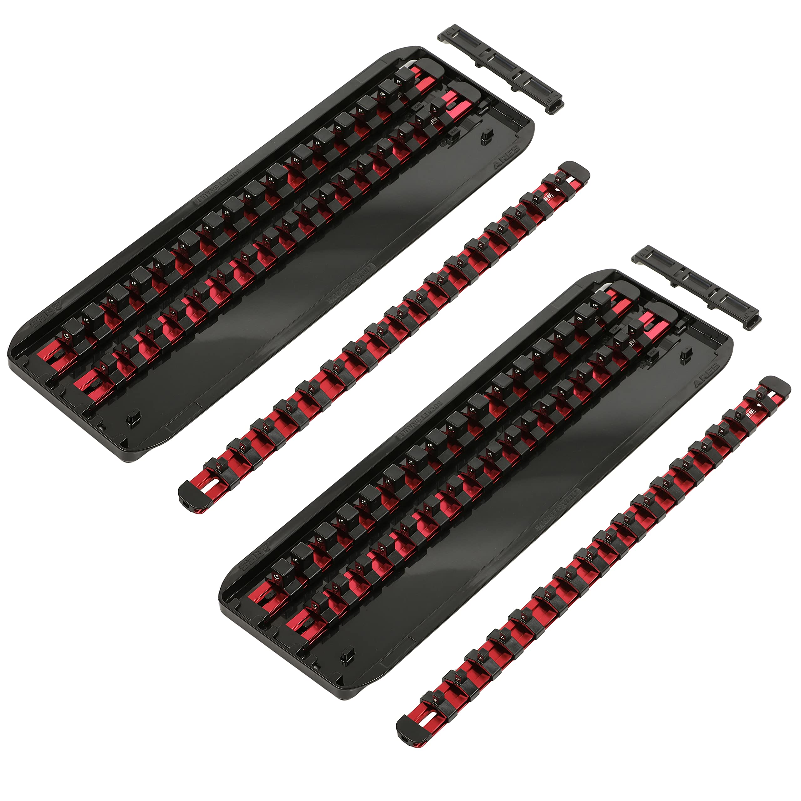 ARES 60145 - SOCKET VAULT™ 3-Piece 17-Inch Black Socket Rail Set with Organizer Tray – Reinforced Plastic Tray Holds 3 Aluminum Rails Locked in Place – 50 1/4-Inch, 3/8-Inch, and 1/2-Inch Drive Clips
