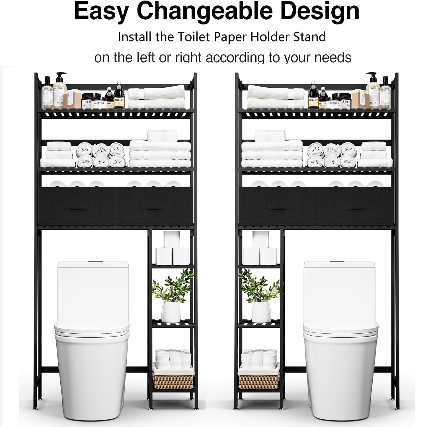 Hitogo Over The Toilet Storage Shelf - Bamboo Bathroom Organizer with Basket Drawer, Adjustable Shelf and Waterproof Feet Pad - Space Saver Storage Rack for Restroom, Laundry (White)