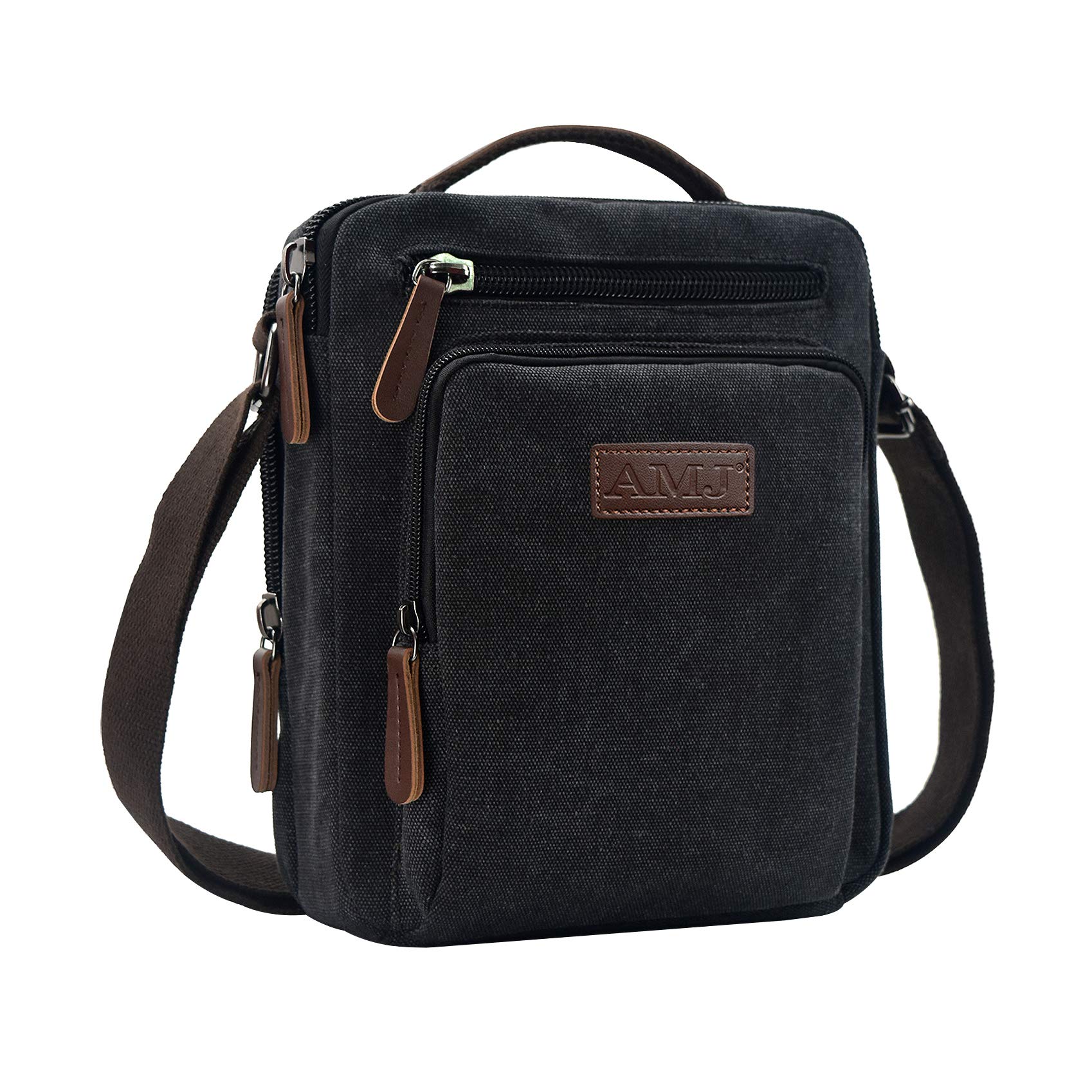 AMJ Small Canvas Messenger Bag, Crossbody Shoulder Bags Vertical Satchel Purse for Travel Work Business Men Women, Black