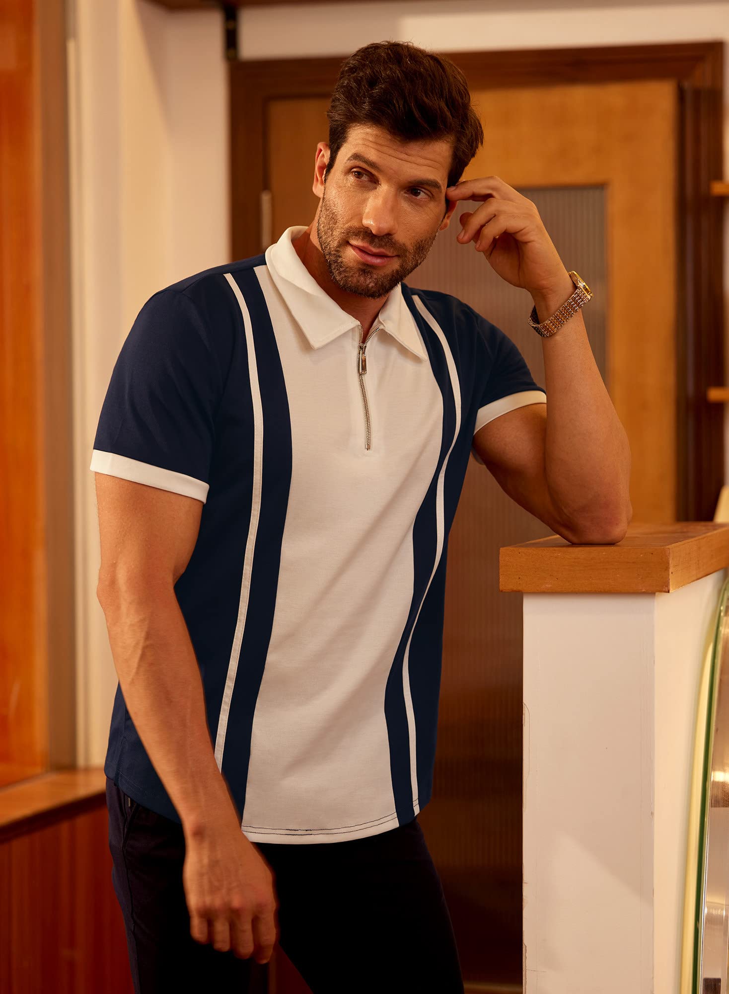 Arvilhill Man Zipper Polo Shirt 1940s Striped Printing Polo Shirt Zip Up Polo Tshirt S