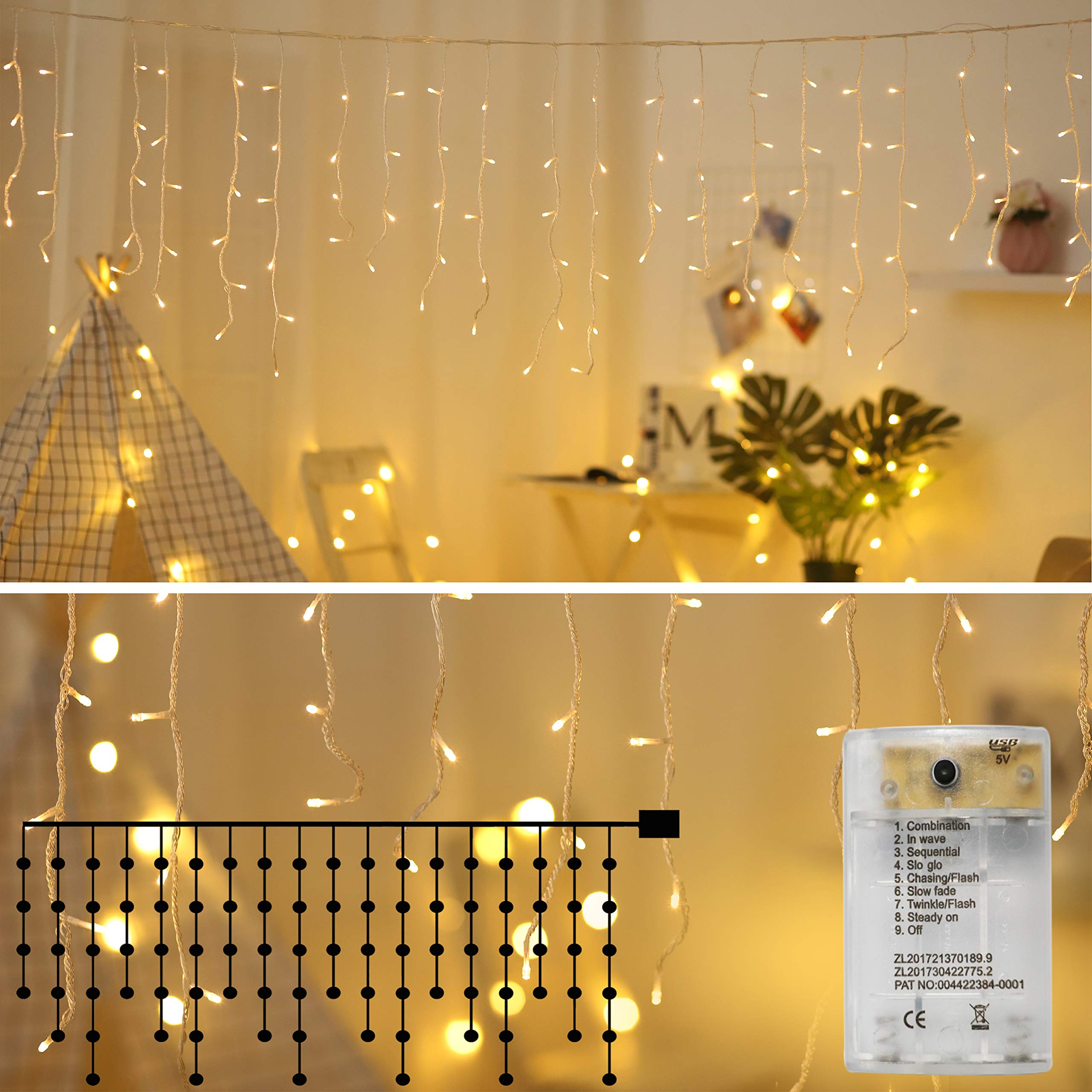 Areskey LED Icicle Lights,10Ft 90 LED Window Curtain String Light,8 Modes USB Battery Operated,Waterproof Fairy String Lights for Indoor Outdoor Wedding Party Bedroom Decoration,Warm White (2Pack)