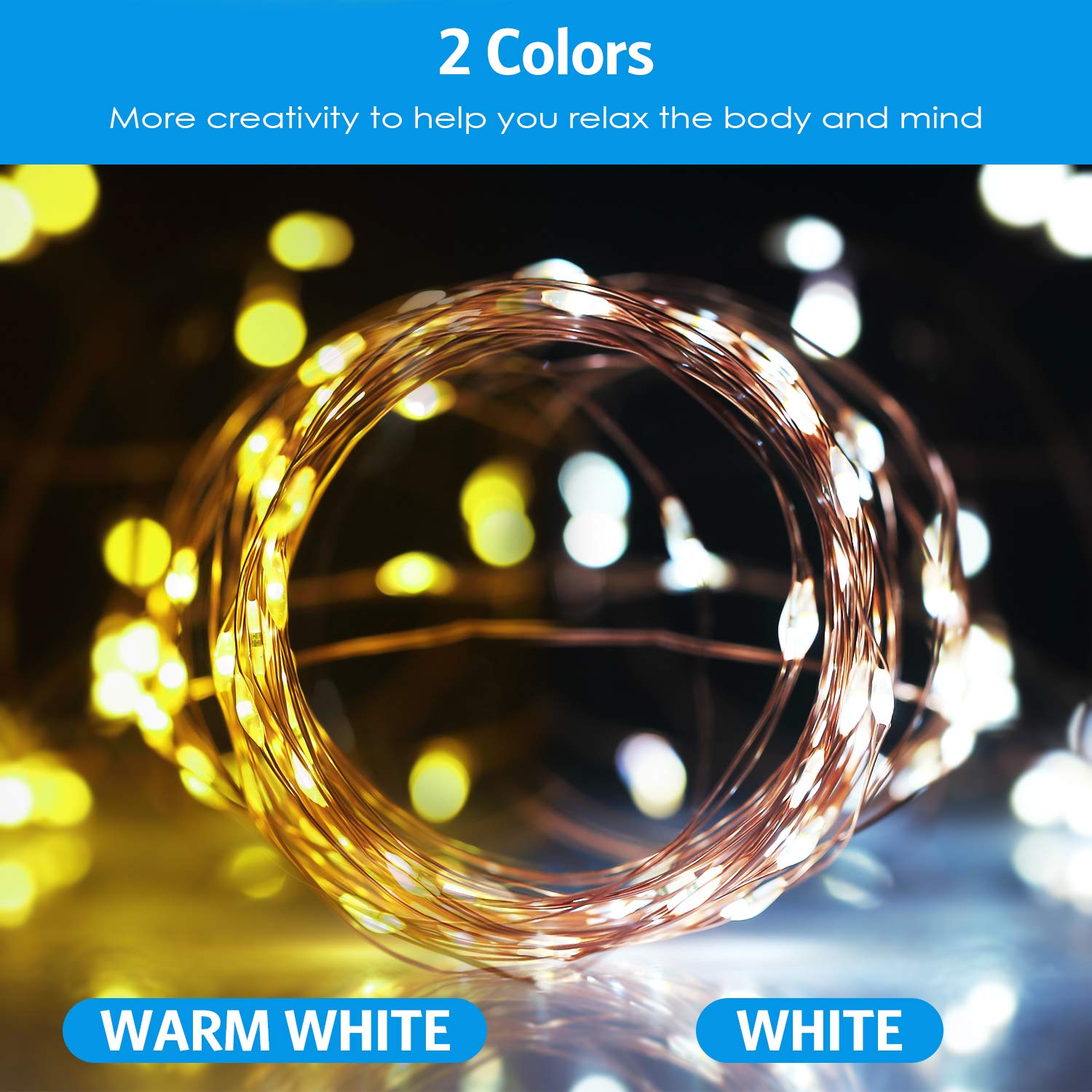 AMIR Upgraded Solar String Lights, 2 in 1 Warm White & White, 33ft 100 LED Outdoor String Lights, 8 Lighting Modes Waterproof Solar Decoration Lights for Gardens, Home, Dancing, Party, Christmas