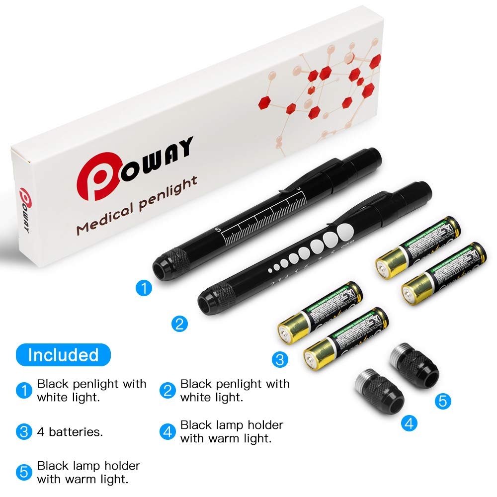 Opoway Pen Light Nurse Pen Light Medical Pen Lights with Pupil Gauge for Nurses Doctors Nursing Students 2pcs Black with Batteries(2 Replacement Warm Light Bulbs Included)