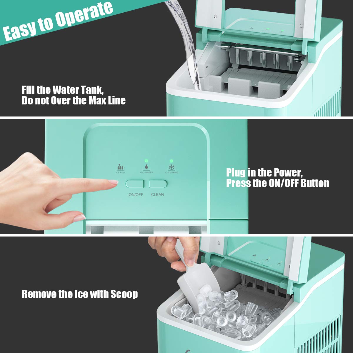 COSTWAY Countertop Ice Maker, 26Lbs/24H Portable Ice Machine with Self-Cleaning Function, Bullet Ice Cubes Ready in 8 Mins, Scoop and Removable Basket,Ice Maker for Home Party Bar, Green