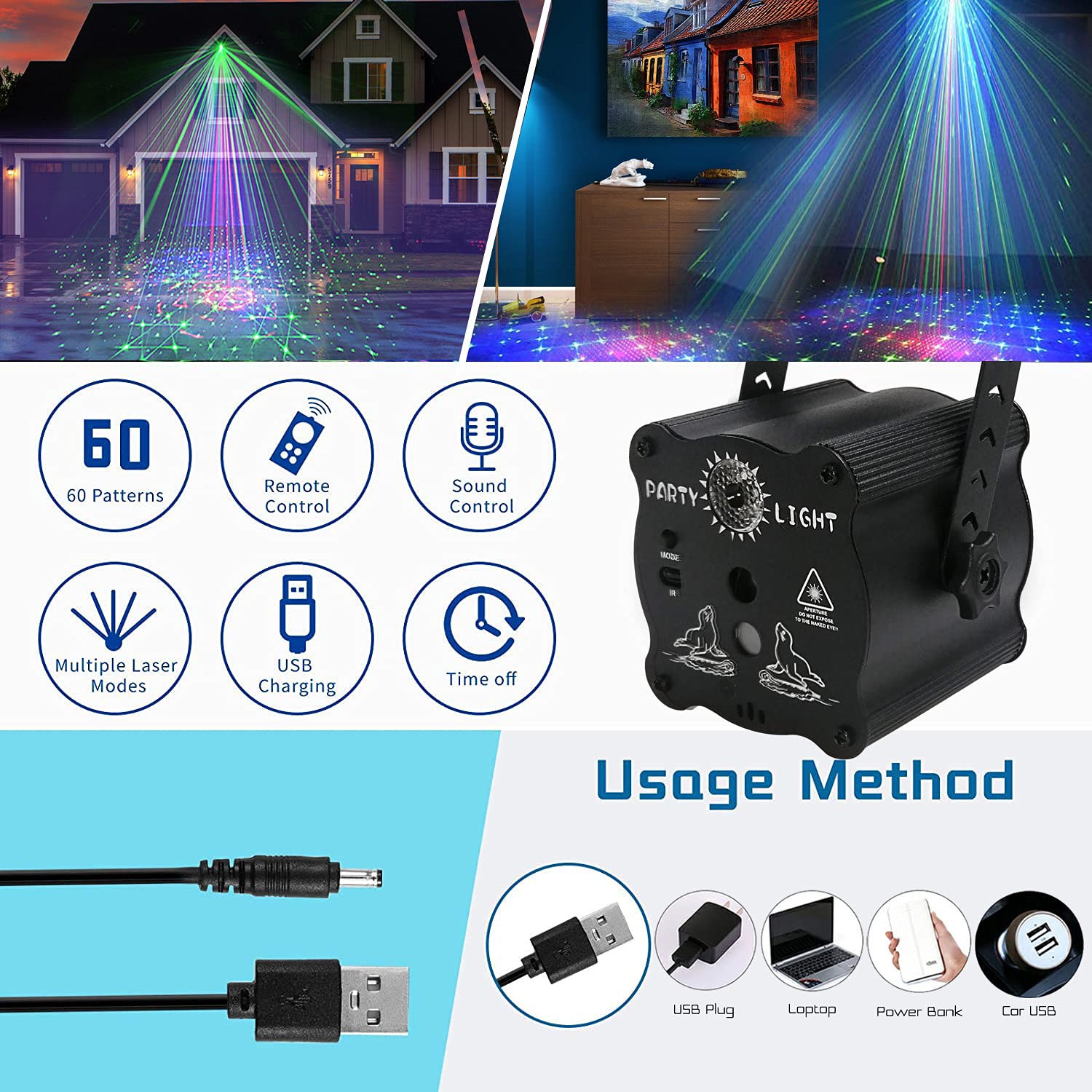 Laser Lights for Party - Laser Light Show Projector for Christmas Halloween, Disco Ball DJ Lights, Sound Activated Strobe Light Background Party Light Decor Glow Party Supplies