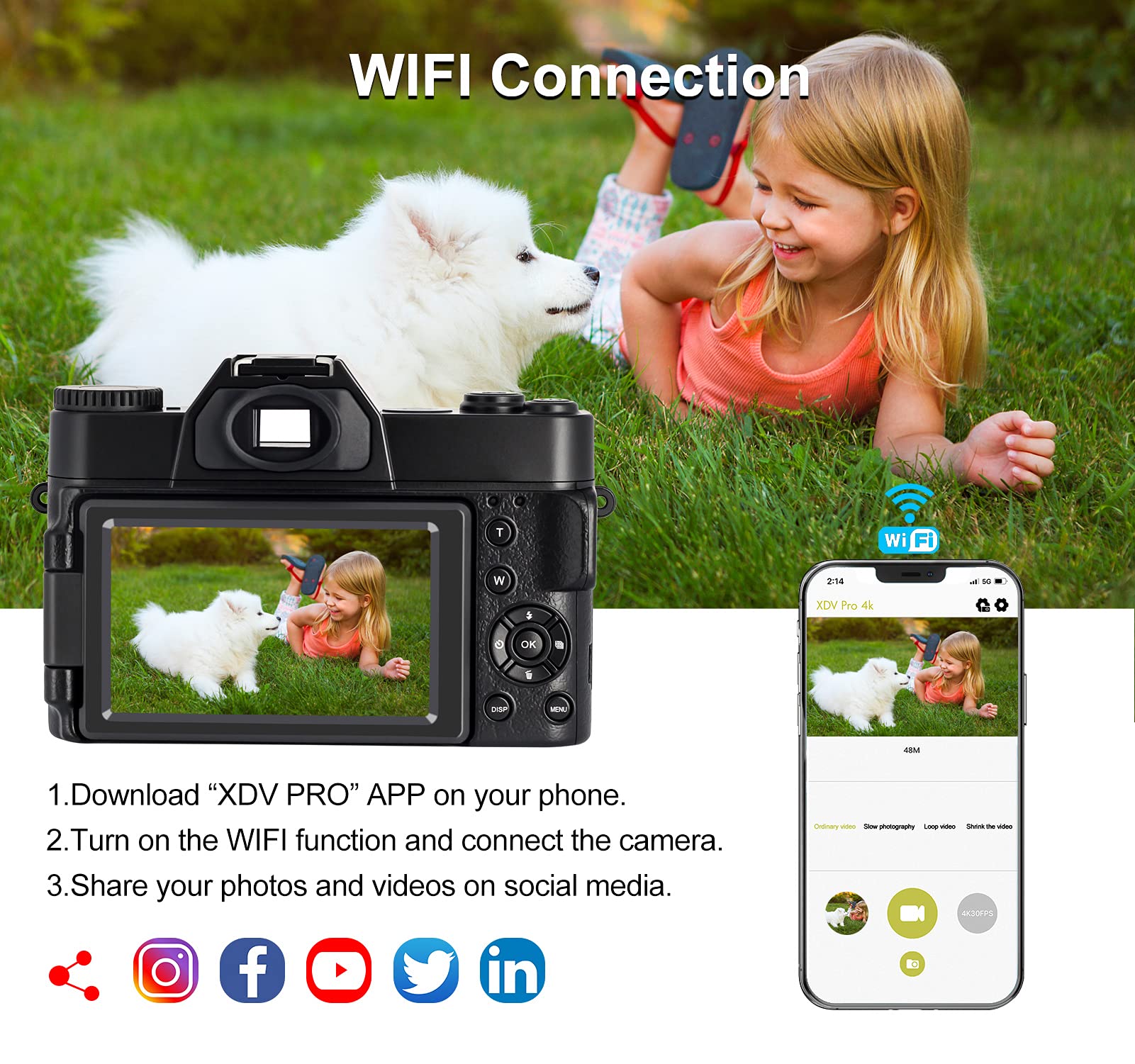ISHARE 4K Digital Camera for Photography, 48MP FHD Video Camera with WiFi, 3 Inch Flip Screen, 16X Digital Zoom, Vlogging Camera for YouTube (32G Micro Card)
