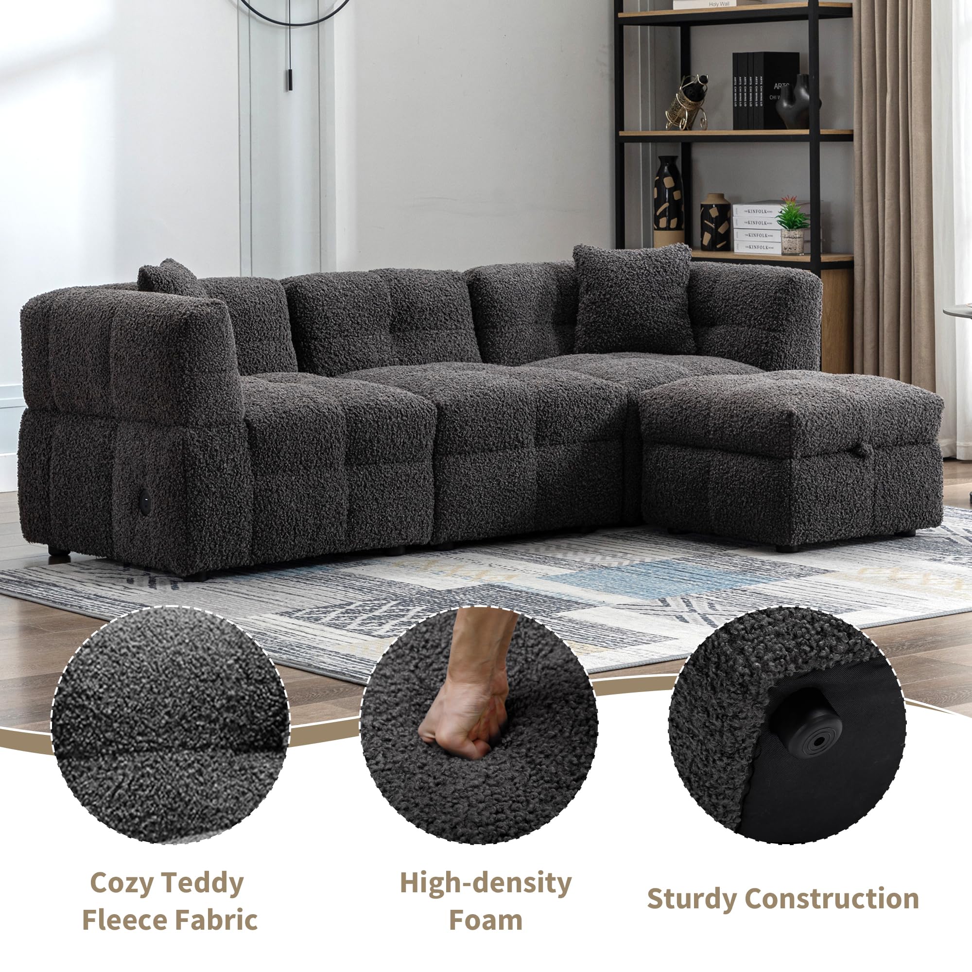 Convertible Sectional Sofa Teddy Fleece Fabric Couch with 2 USB Ports 1 Movable Storage Ottoman and 2 Lumbar Pillows
