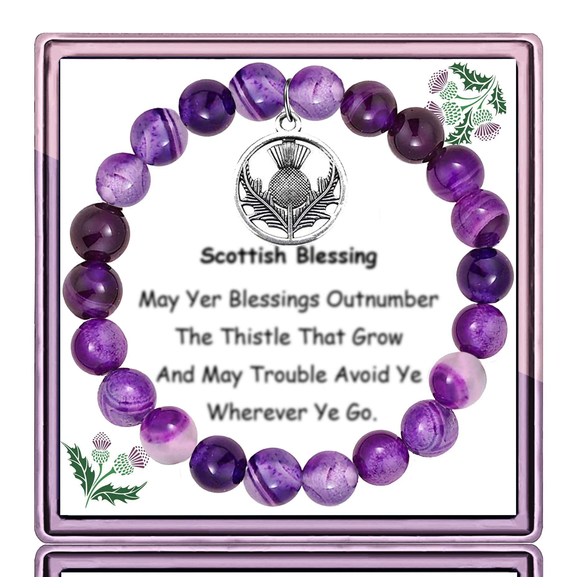 ARHTF Sassenach Gift Scottish Thistle Bracelet,Celtic Thistle Charm Thistle Blessing Amethyst Beads Thistle Flower Jewelry,Scottish Thistle Jewelry for Women (Purple Thistle)