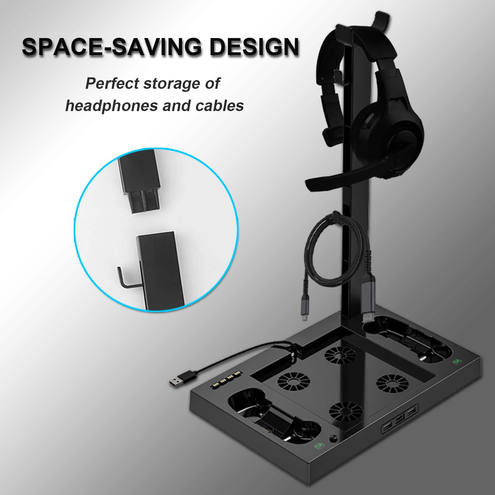 arVin Cooling Fan for Xbox Series X Console Vertical Cooling Stand with 4 High Speed Cooler Fan, Dual Controller Charging Station, 2x1400mAh Rechargeable Battery Pack, Headset Stand & 4 Type C Adapter