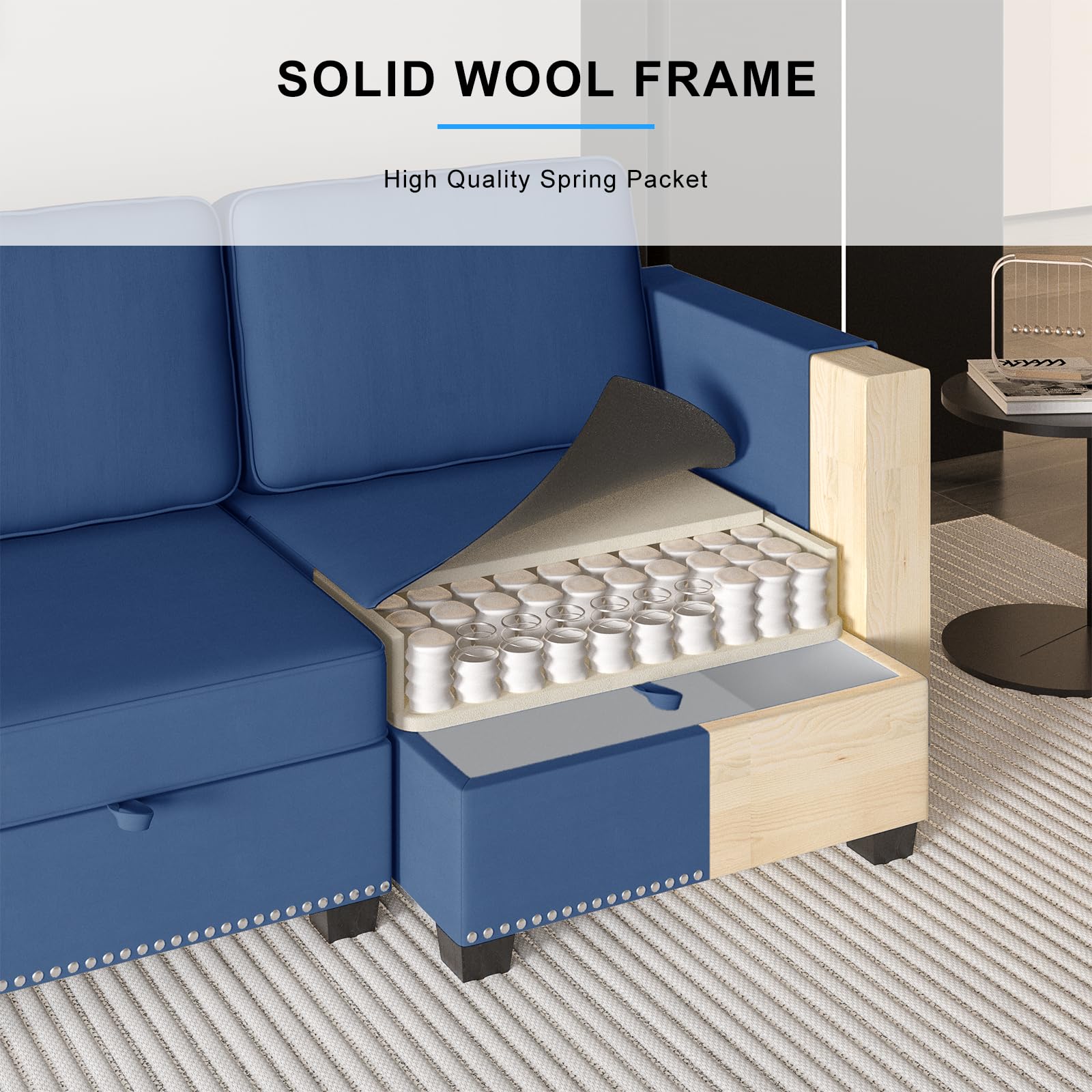 PUREMIND Modular Sectional Sofa with Reversible Storage Ottoman, Convertible U Shaped Couch with Adjustable Armrest & Backrest, Velvet 6 Seater L Shaped Sofa Sleeper for Living Room, Blue