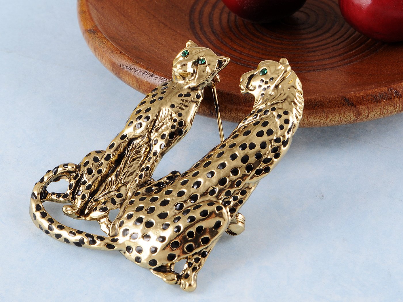 Alilang Golden Tone Tuquoise Blue Eyed Spotted Leopard Family Twin Lover Brooch Pin, Gold
