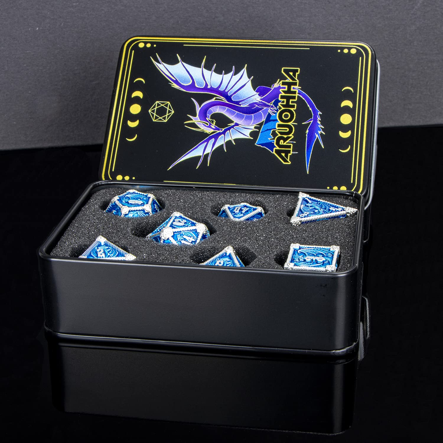ARUOHHA 7PCS DND Metal Dice Set with Gift Box, Silver Blue D&D Dice 6 Sided Polyhedral Dice for Dungeons and Dragons RPG Role Playing Games D and D Dice D20 D12 D10 D8 D6 D4