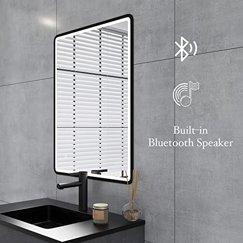 AMOCID Wall Mount Mirror for Bathroom with Lights 32 x 24 inch Rectangular Black Framed Wall-Mount Anti-Fog LED Light Bathroom Vanity Mirror Vertical or Horizontal